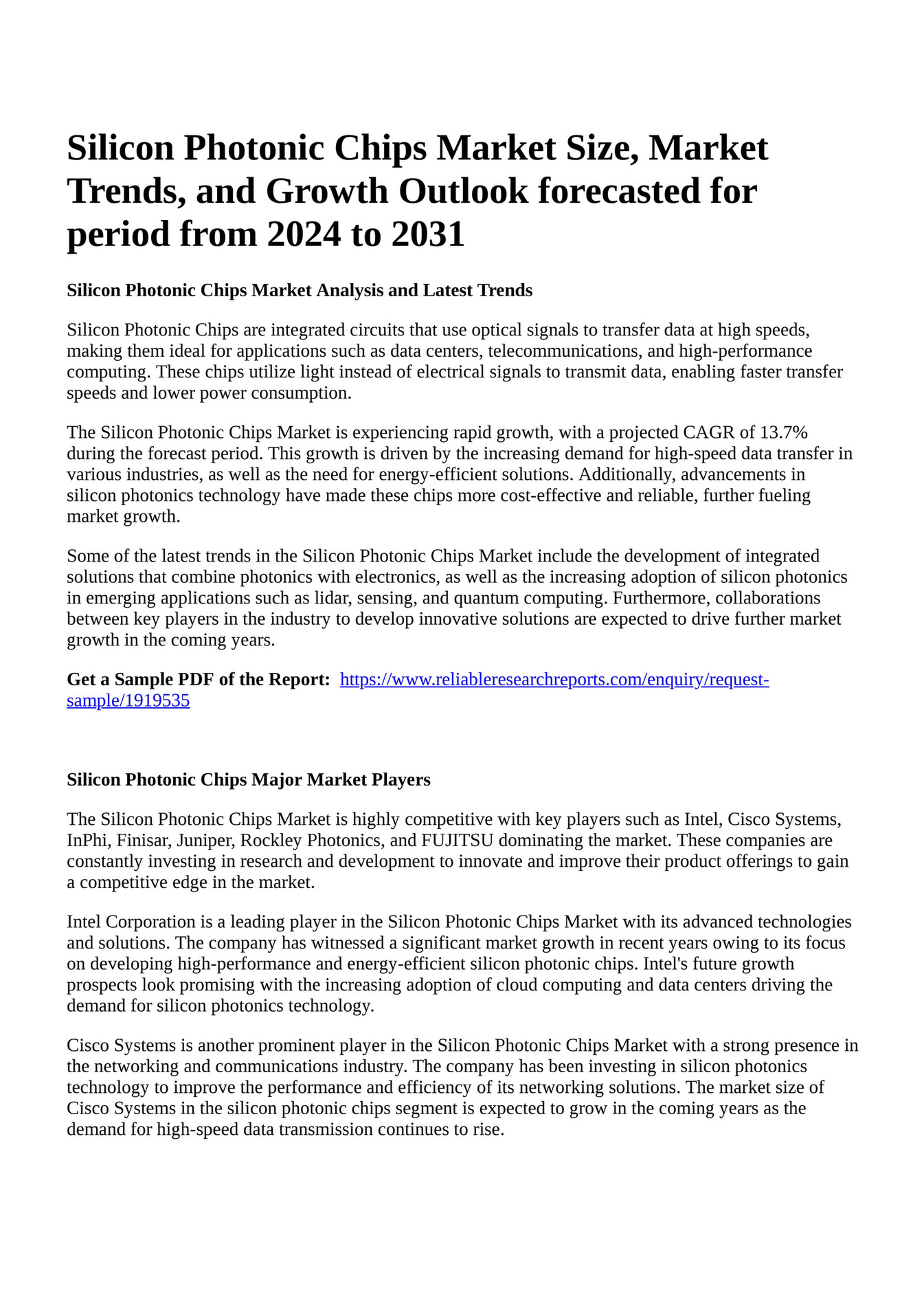 Reportprime - Silicon Photonic Chips Market Size, Market Trends, and ...