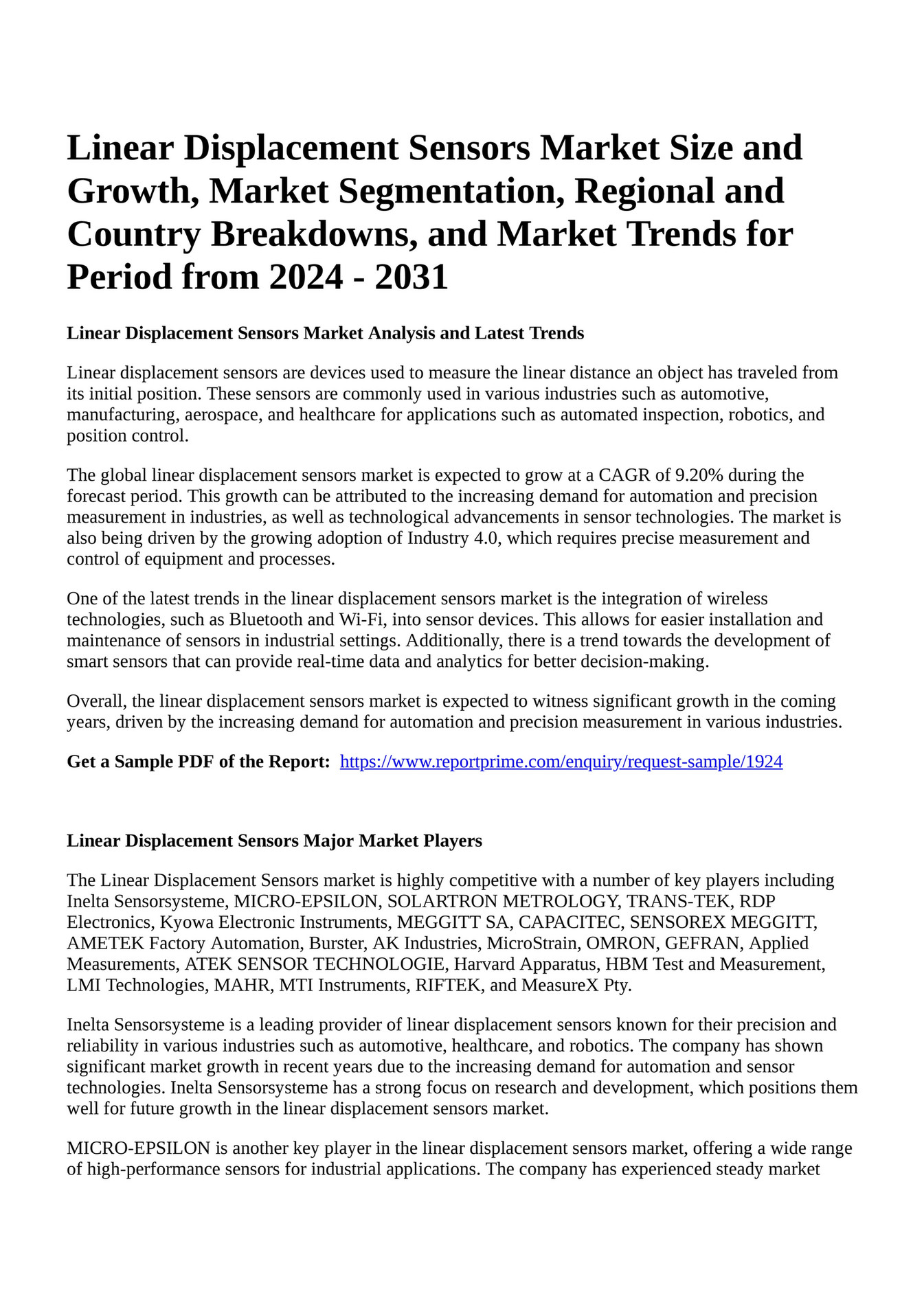 Reportprime - Linear Displacement Sensors Market Size and Growth ...
