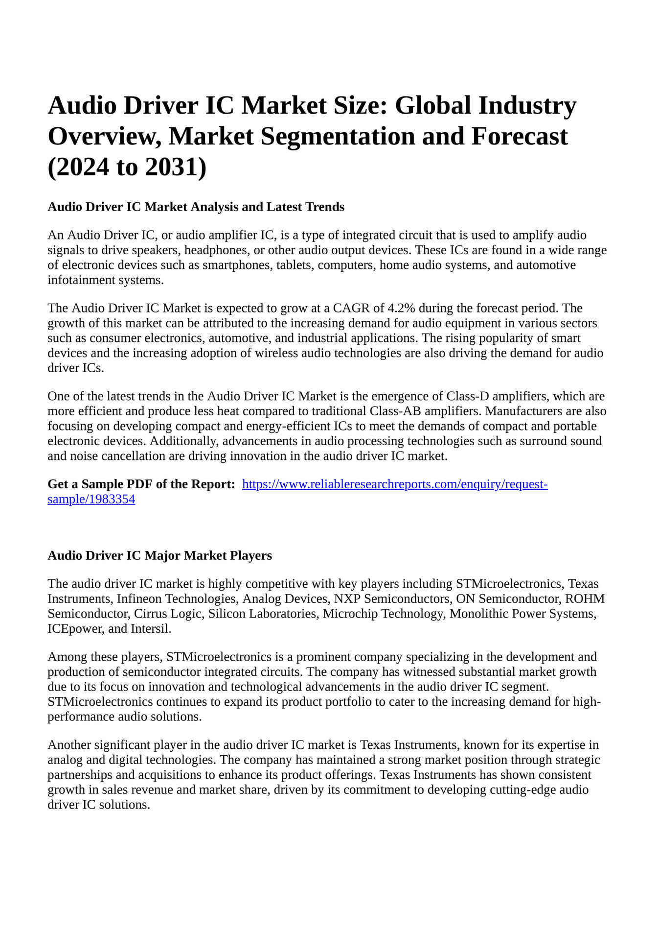 Reportprime - Audio Driver IC Market Size: Global Industry Overview ...