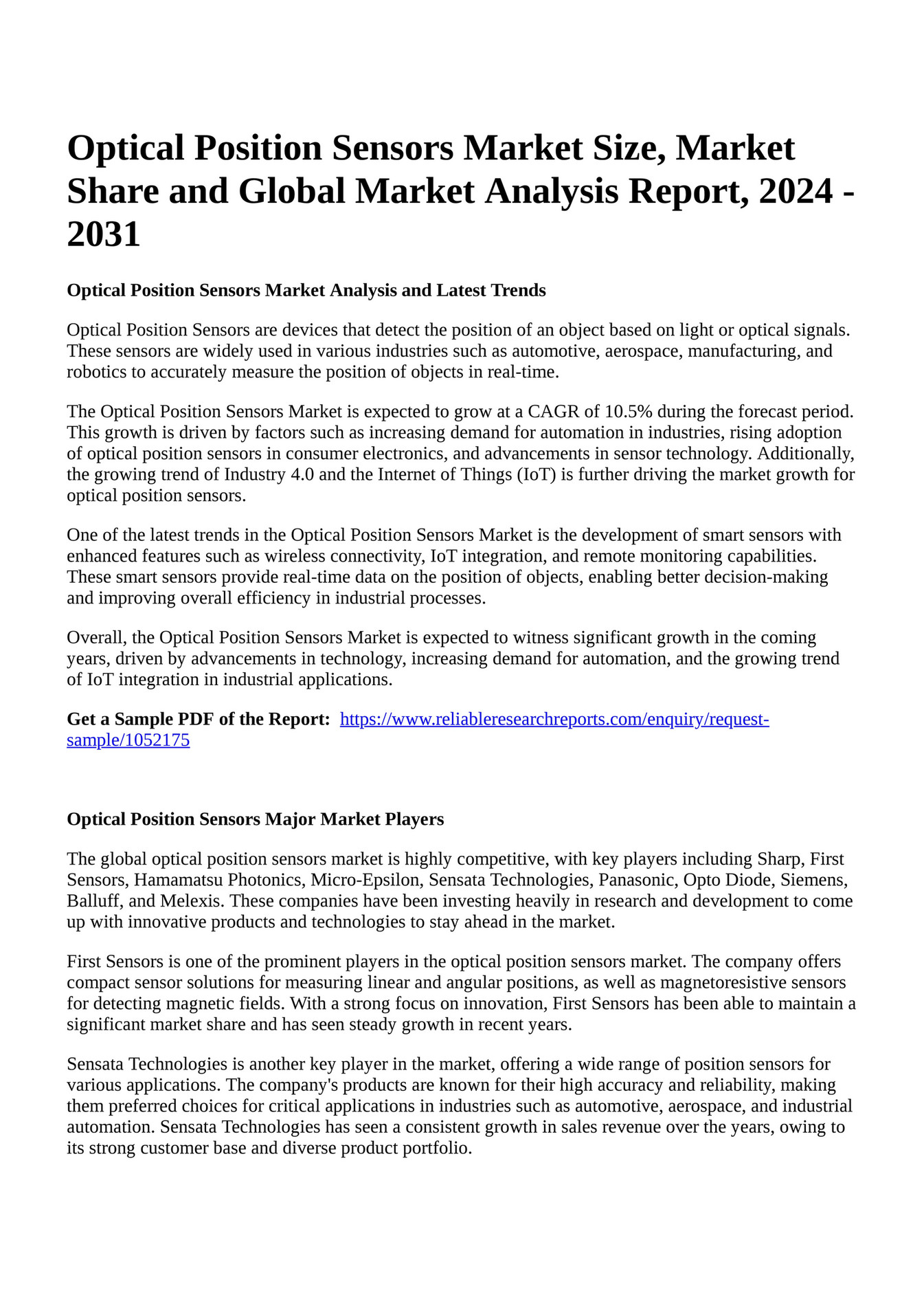 Reportprime - Optical Position Sensors Market Size, Market Share and Global Market Analysis ...