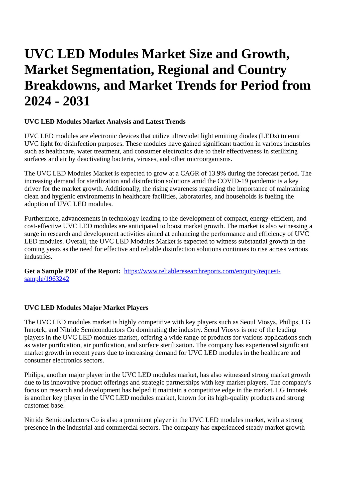 Reportprime - UVC LED Modules Market Size and Growth, Market ...