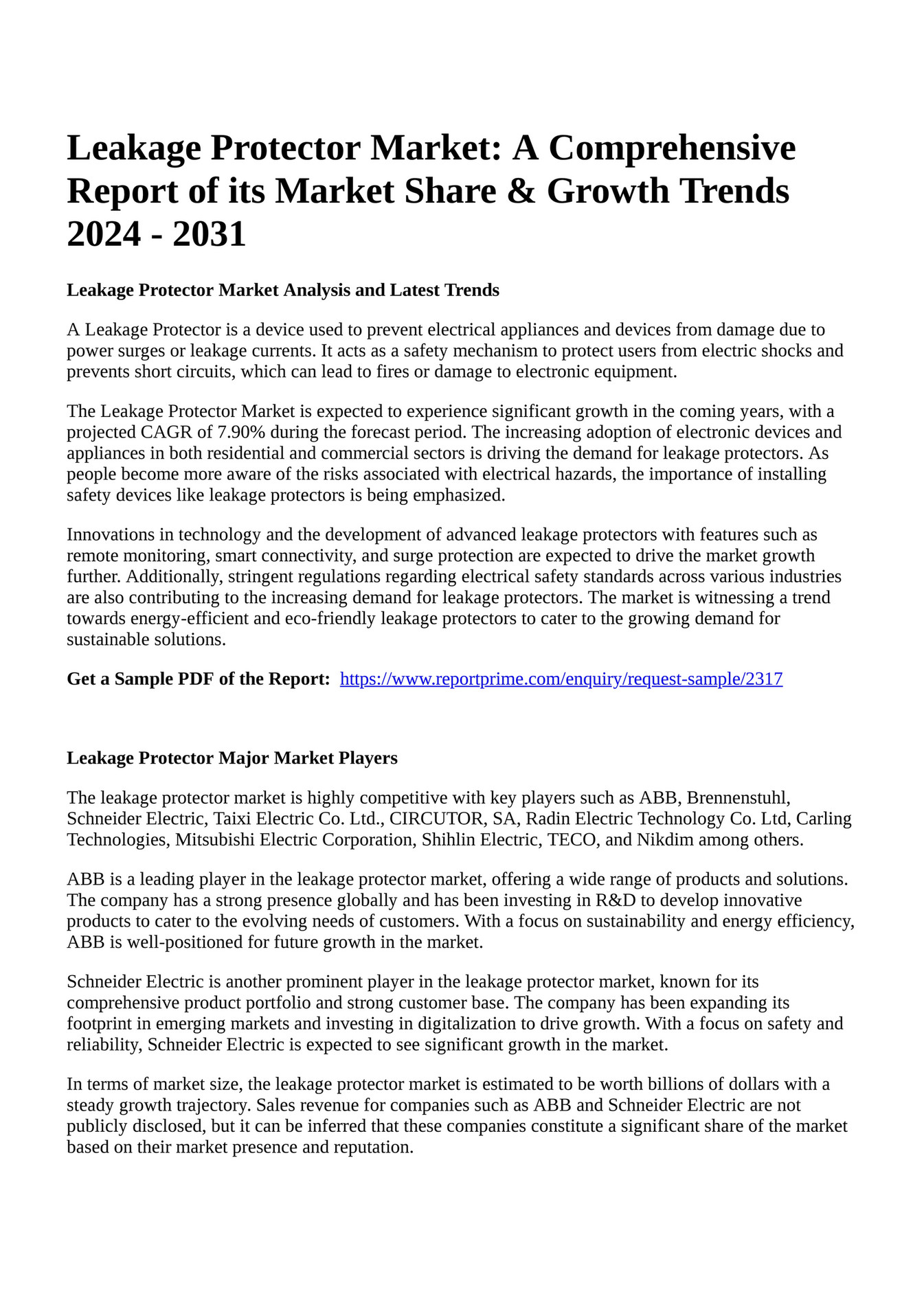 Reportprime - Leakage Protector Market: A Comprehensive Report of its Market Share & Growth ...