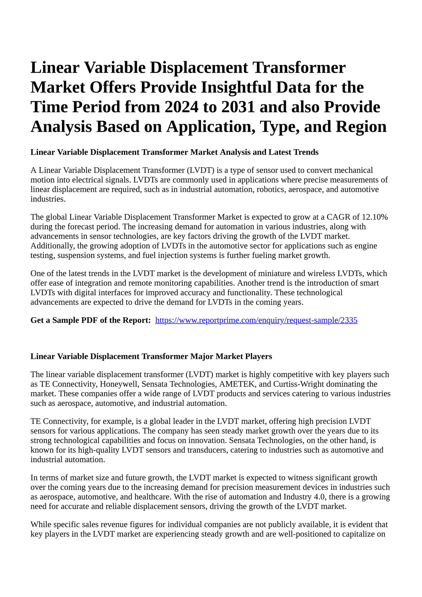 Reportprime Linear Variable Displacement Transformer Market Offers