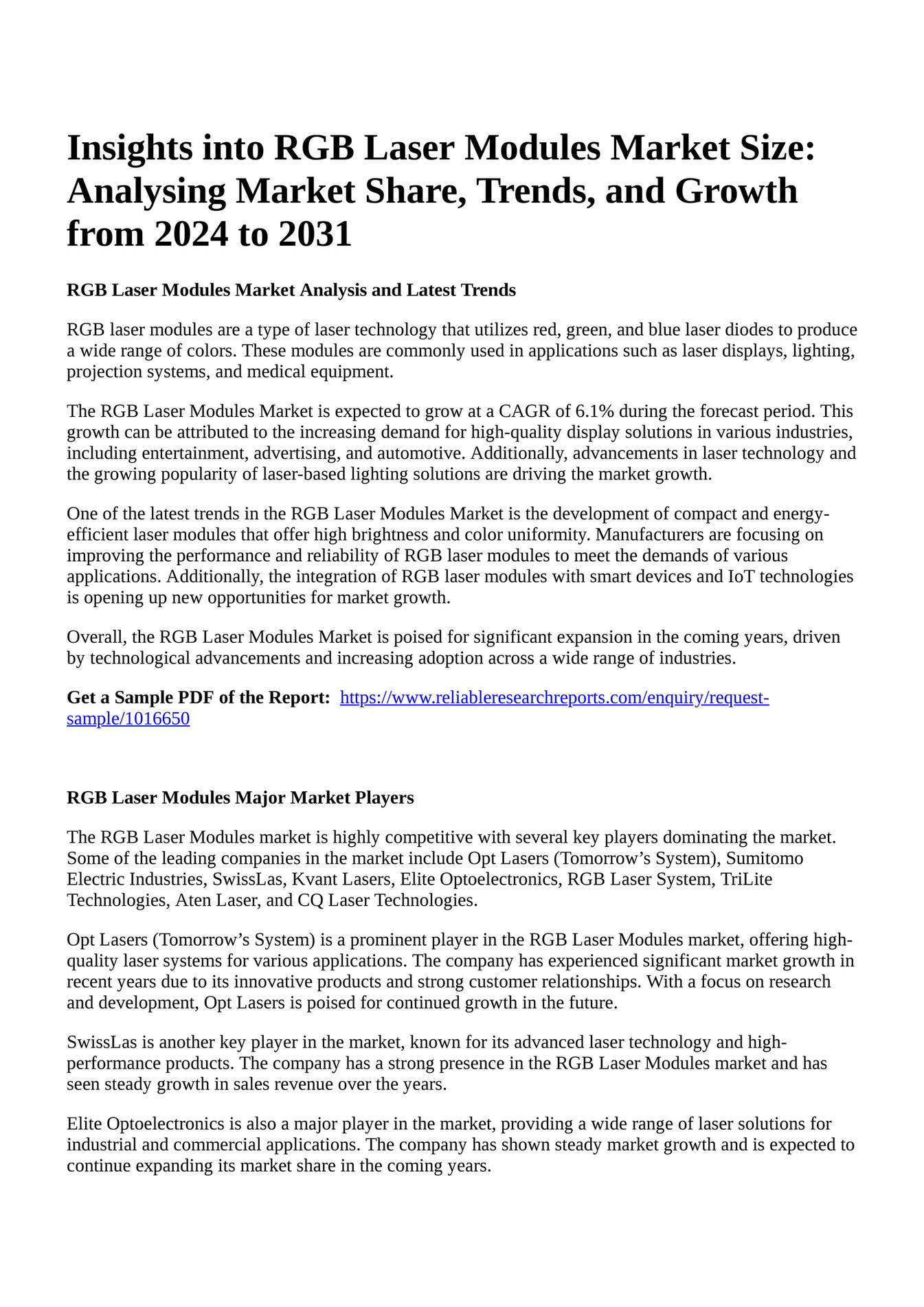 Reportprime - Insights into RGB Laser Modules Market Size: Analysing ...