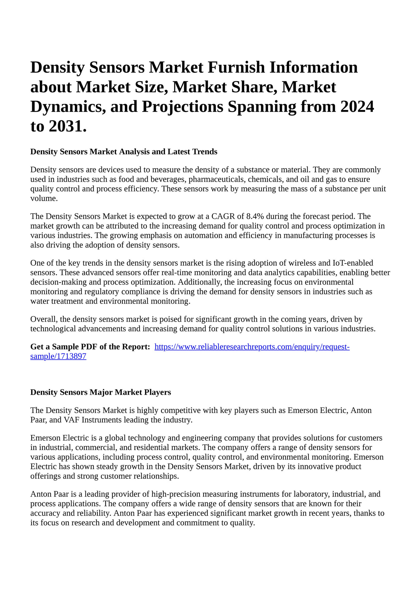 Reportprime - Density Sensors Market Furnish Information about Market ...