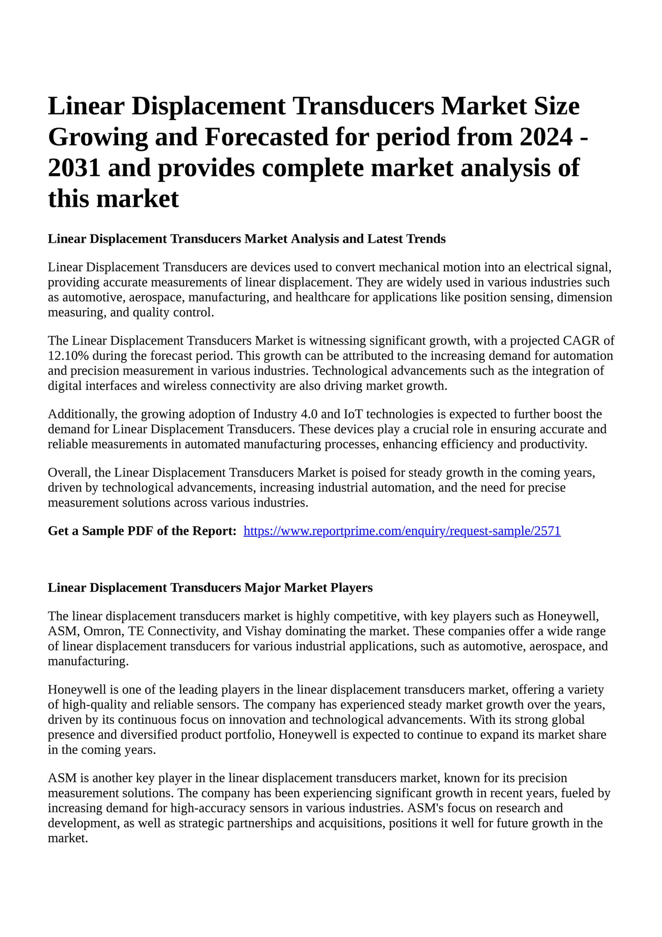 Reportprime - Linear Displacement Transducers Market Size Growing and ...