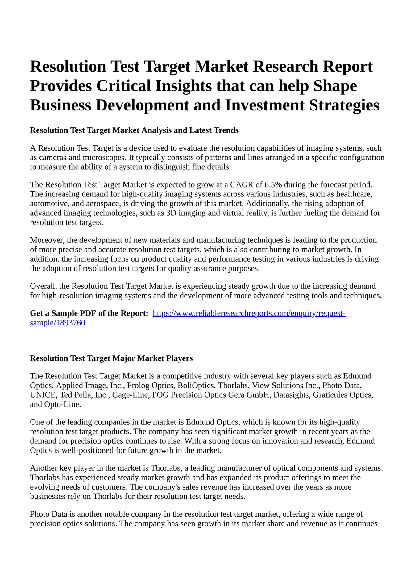 Reportprime - Resolution Test Target Market Research Report Provides ...