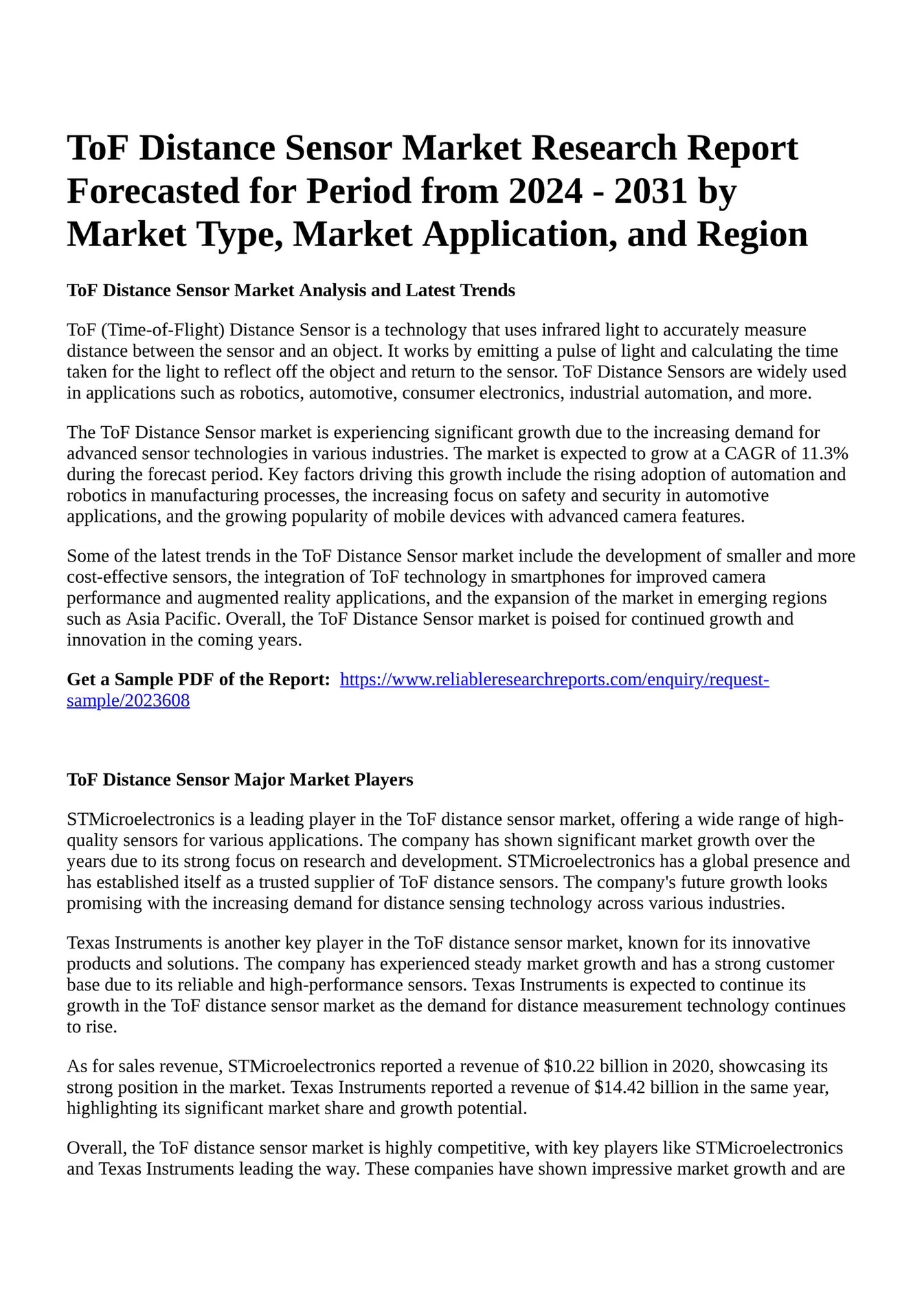 Reportprime - ToF Distance Sensor Market Research Report Forecasted for ...