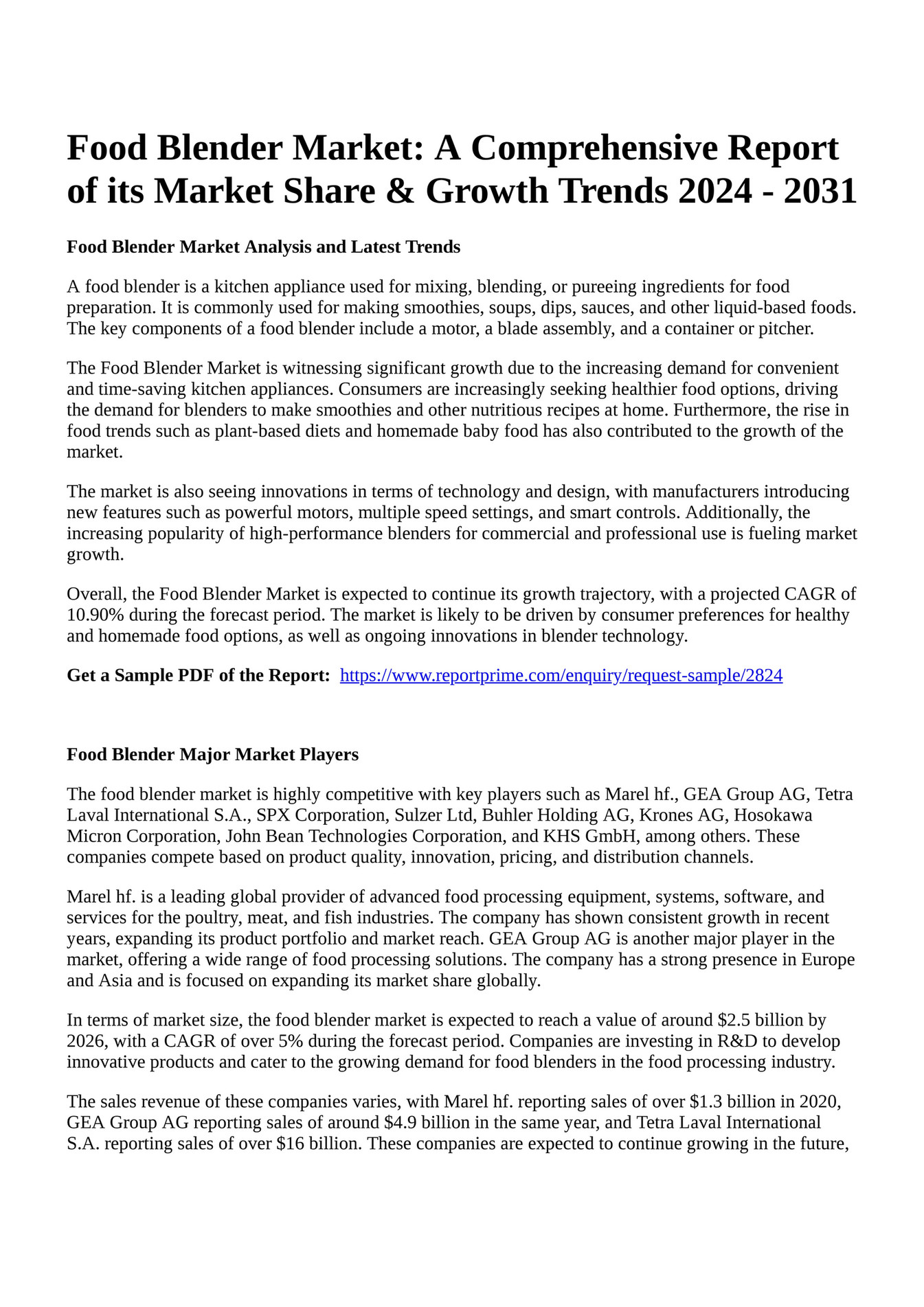 Reportprime - Food Blender Market: A Comprehensive Report of its Market ...