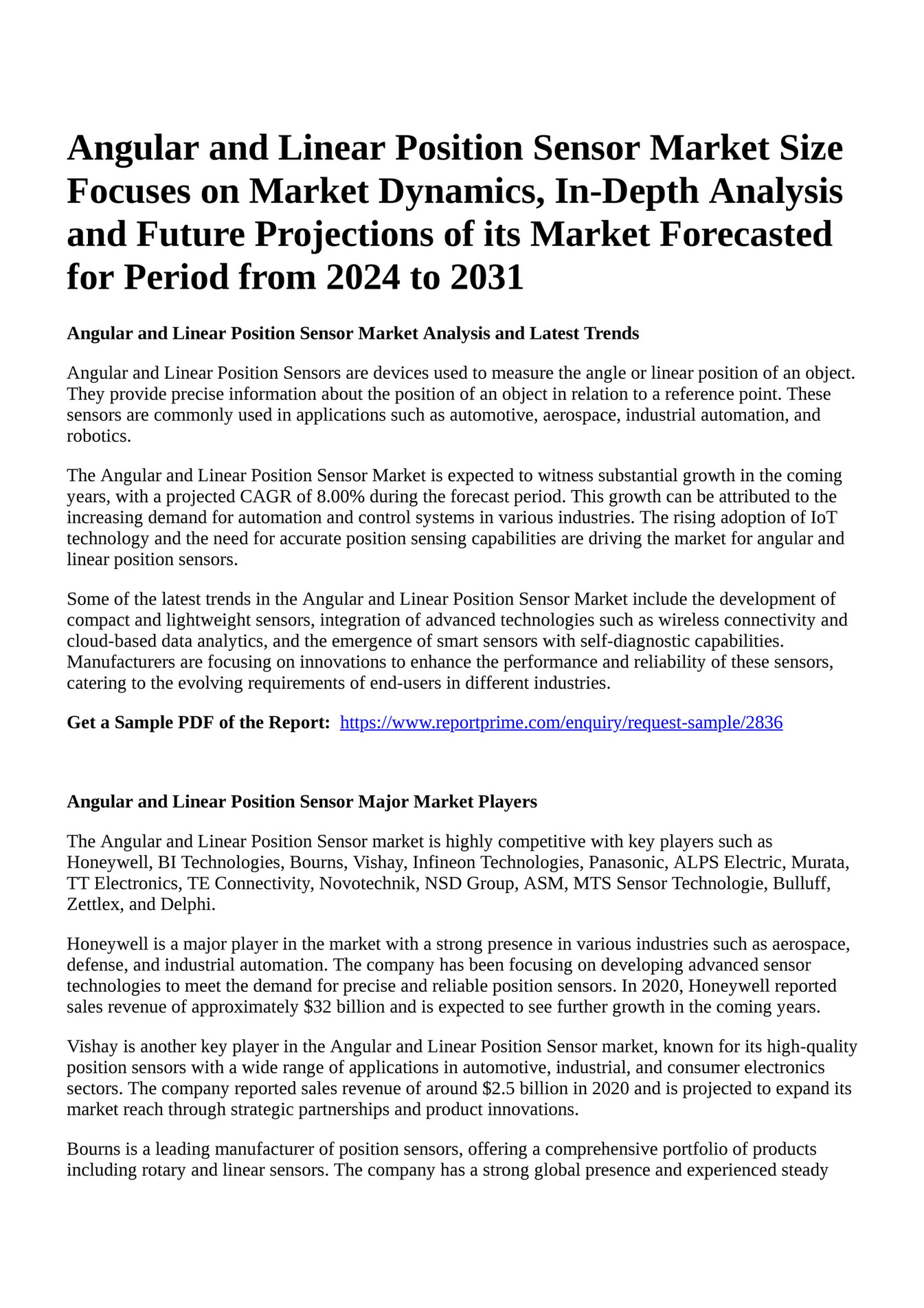 Reportprime - Angular and Linear Position Sensor Market Size Focuses on ...