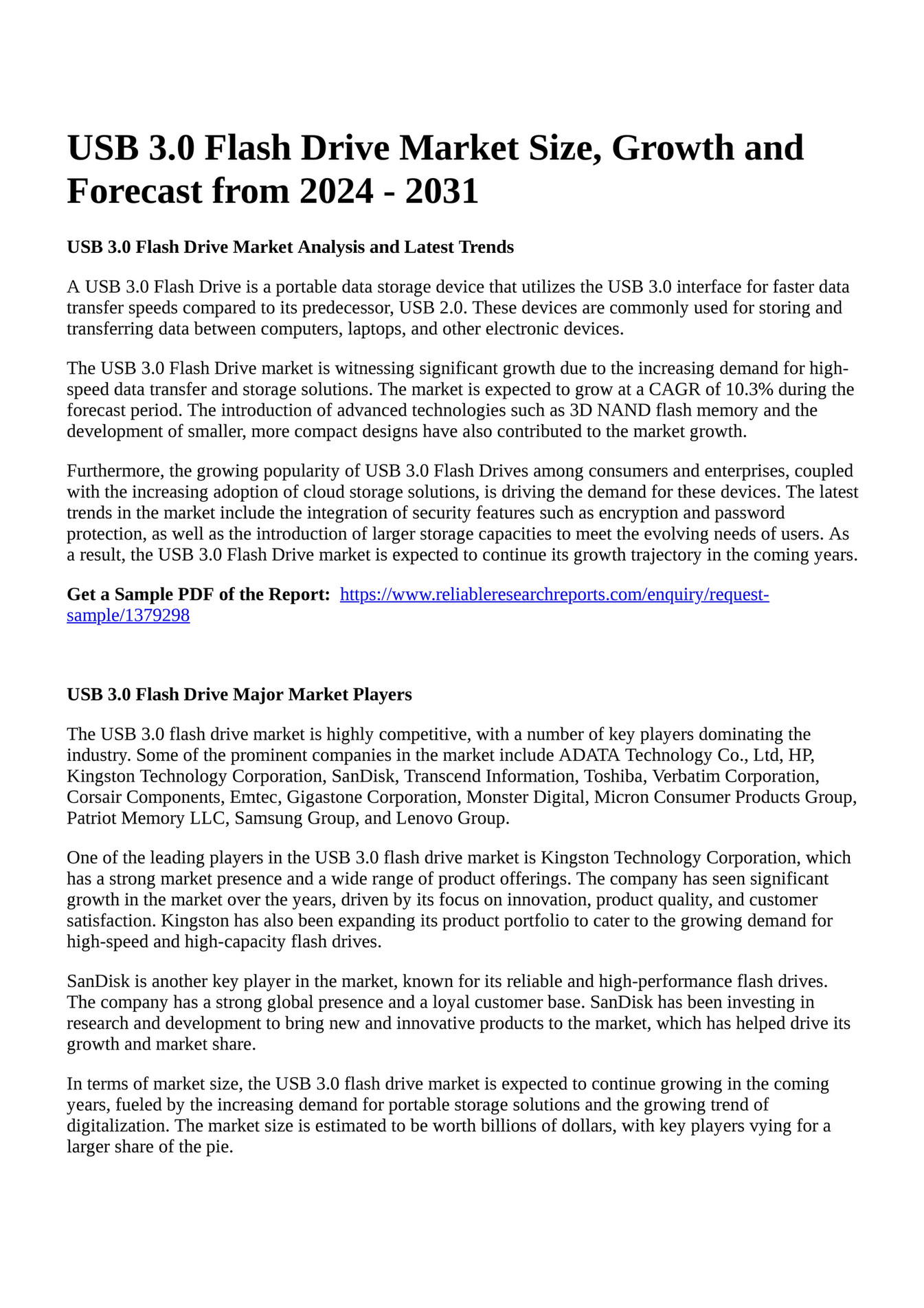 Reportprime - USB 3.0 Flash Drive Market Size, Growth and Forecast from ...