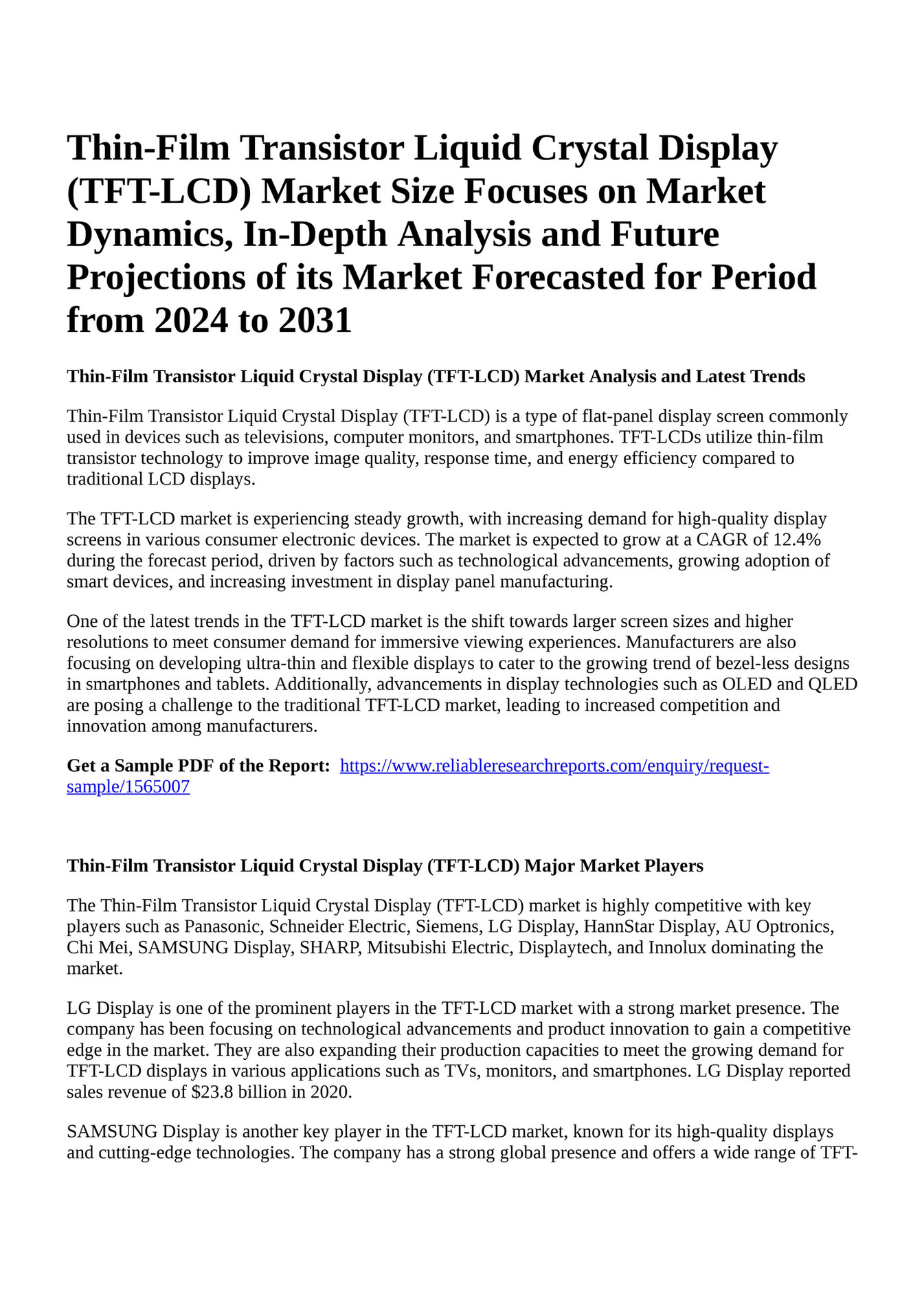 Reportprime - Thin-Film Transistor Liquid Crystal Display (TFT-LCD ...