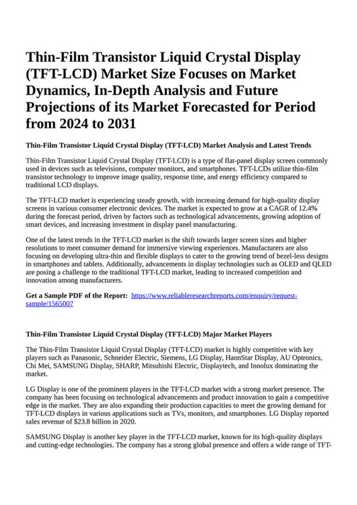 Reportprime - Thin-Film Transistor Liquid Crystal Display (TFT-LCD) Market Size Focuses on ...