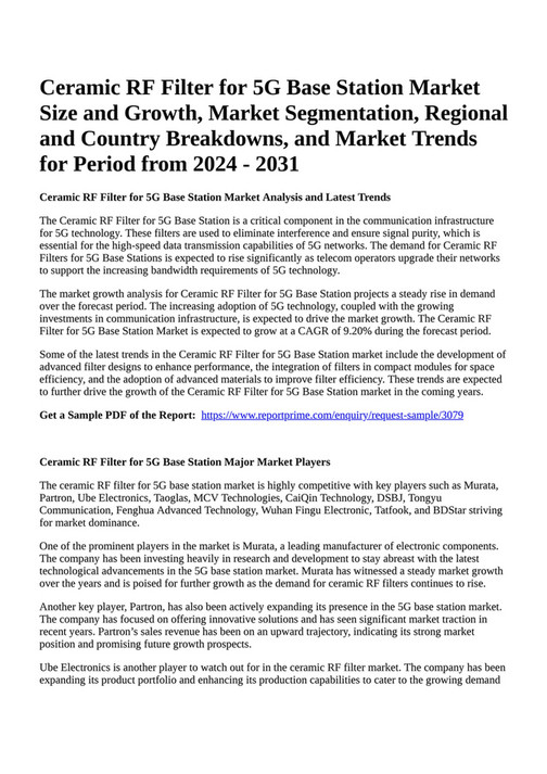 Reportprime - Ceramic RF Filter for 5G Base Station Market Size and ...