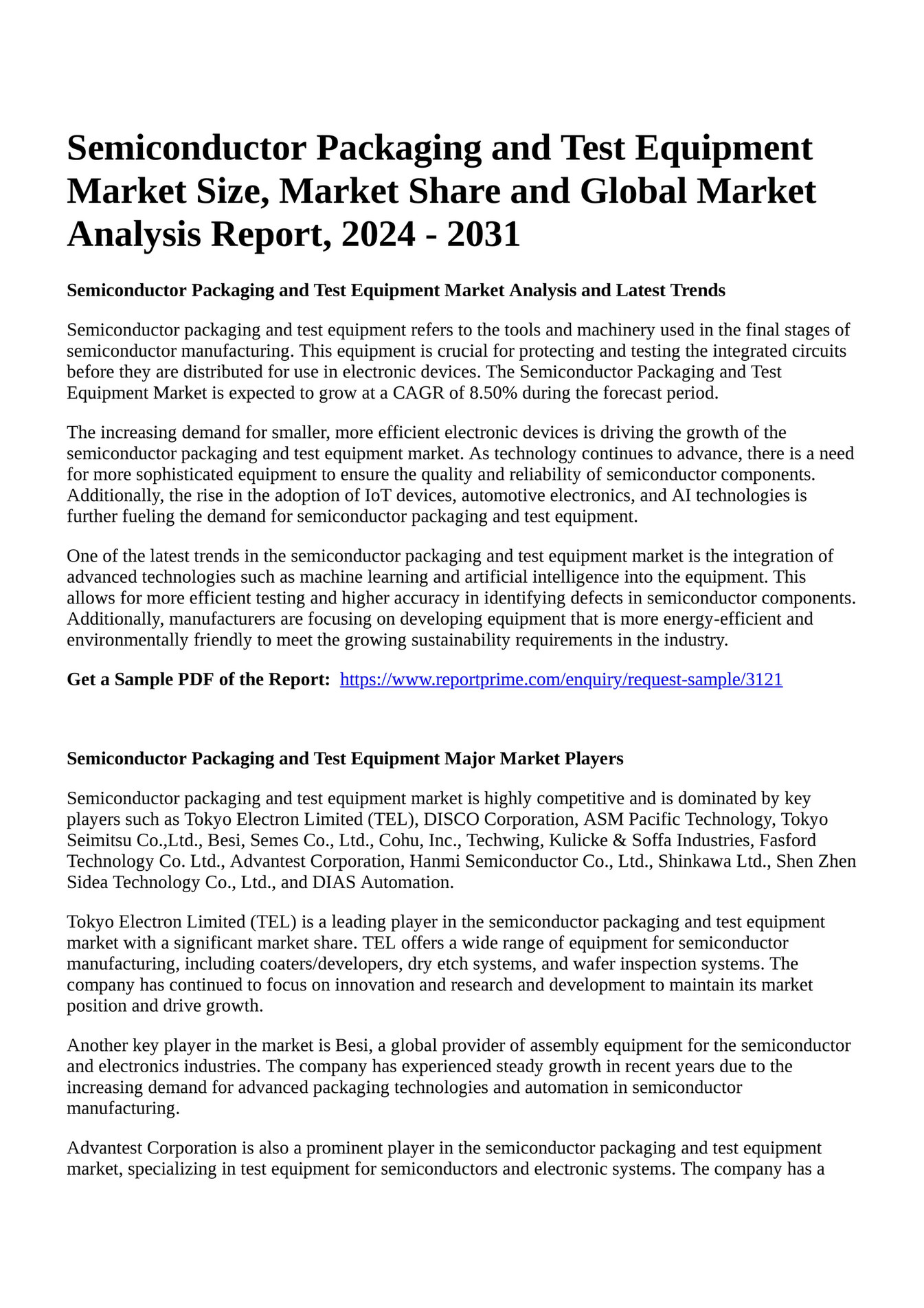 Reportprime - Semiconductor Packaging and Test Equipment Market Size ...