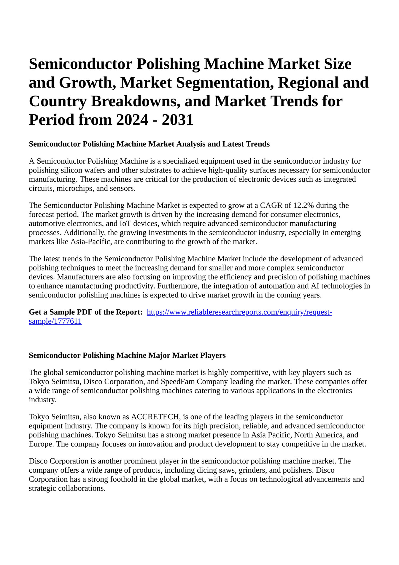 Reportprime Semiconductor Polishing Machine Market Size And Growth