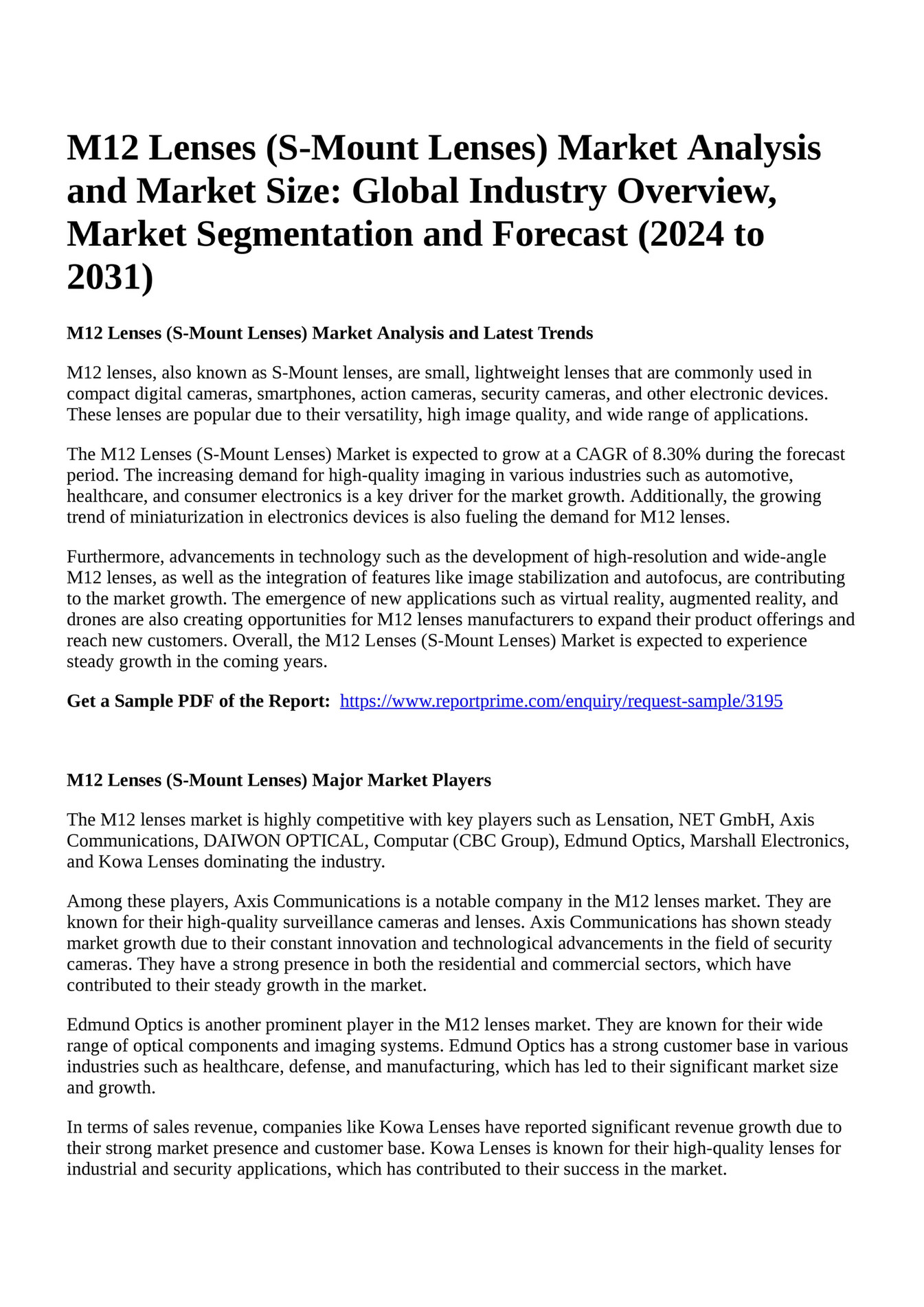 Reportprime - M12 Lenses (S-Mount Lenses) Market Analysis and Market ... Reportprime - M12 Lenses (S-Mount Lenses) Market Analysis and Market ...