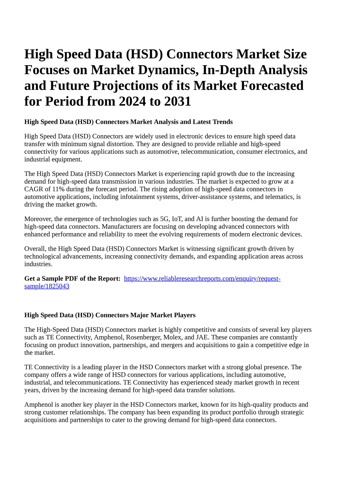 Reportprime - High Speed Data (HSD) Connectors Market Size Focuses on ...