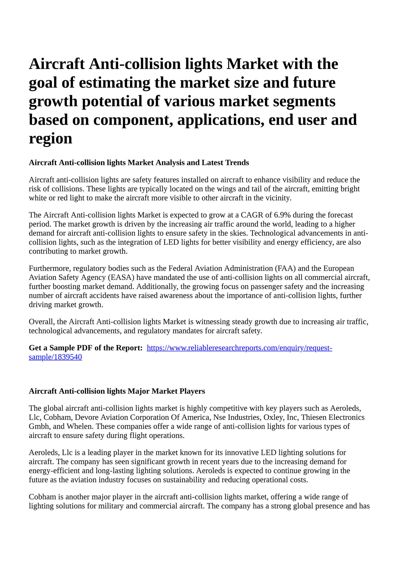 Reportprime - Aircraft Anti-collision lights Market with the goal of ... Reportprime - Aircraft Anti-collision lights Market with the goal of ...