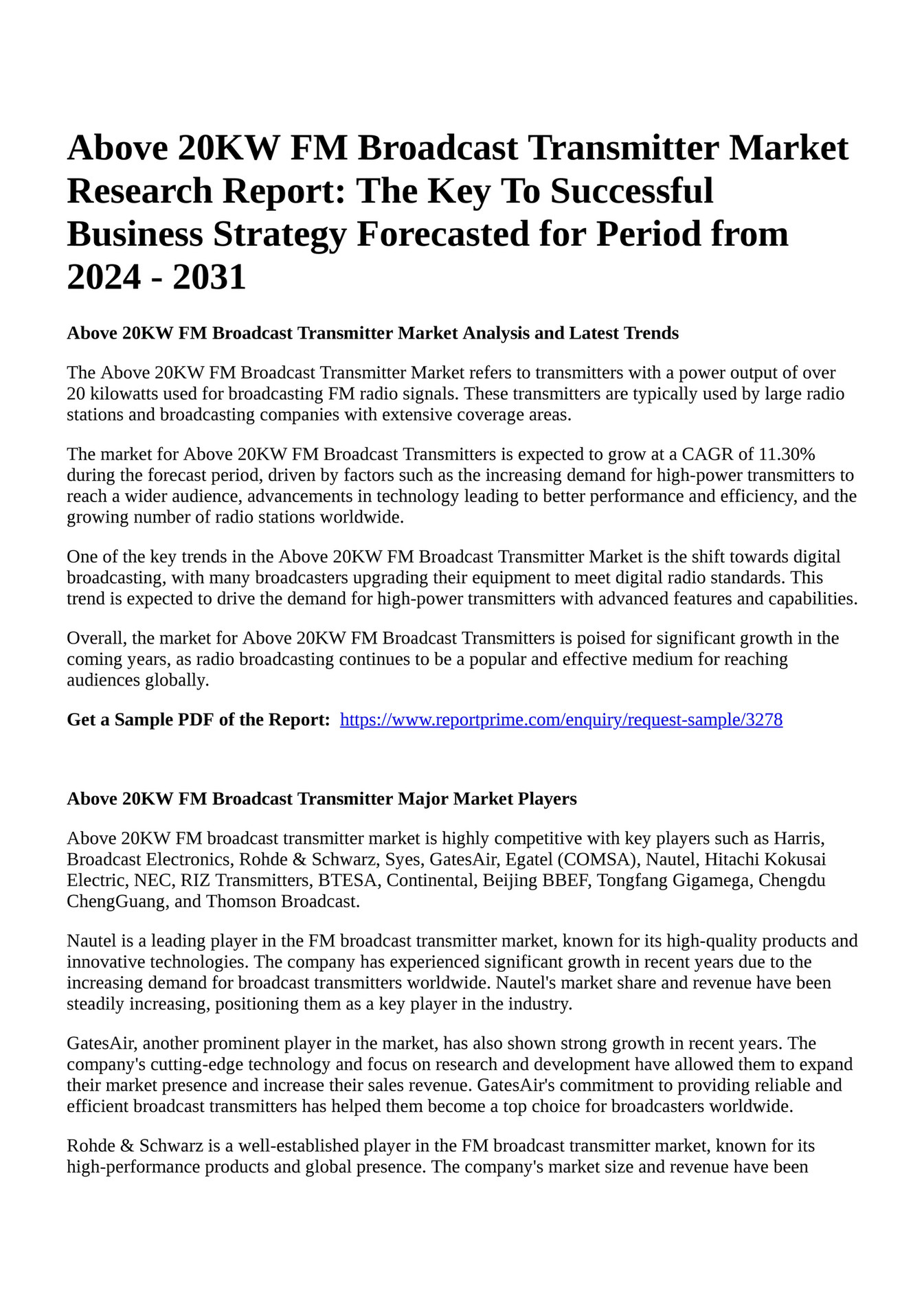 Reportprime - Above 20KW FM Broadcast Transmitter Market Research ...