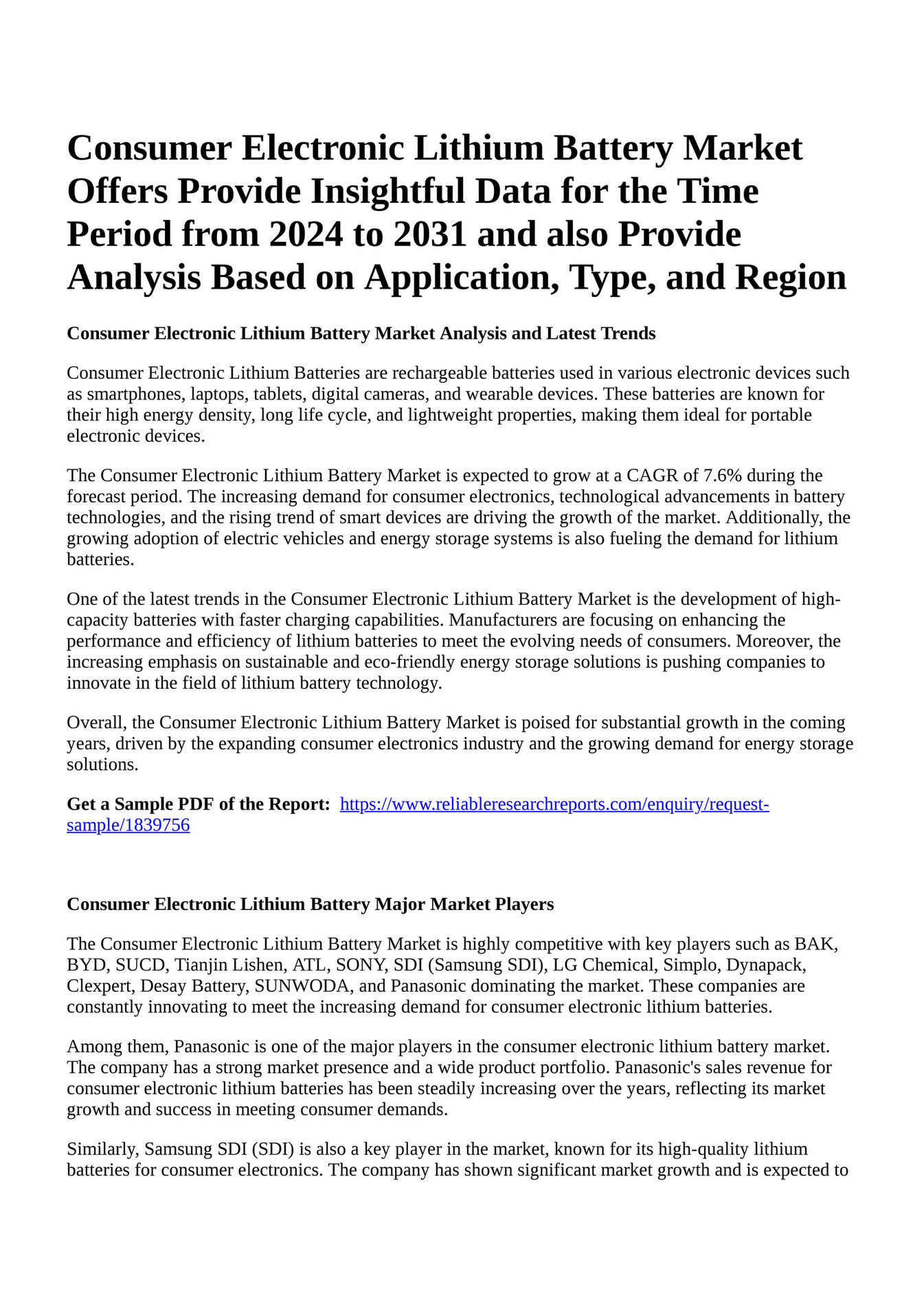Reportprime - Consumer Electronic Lithium Battery Market Offers Provide ...