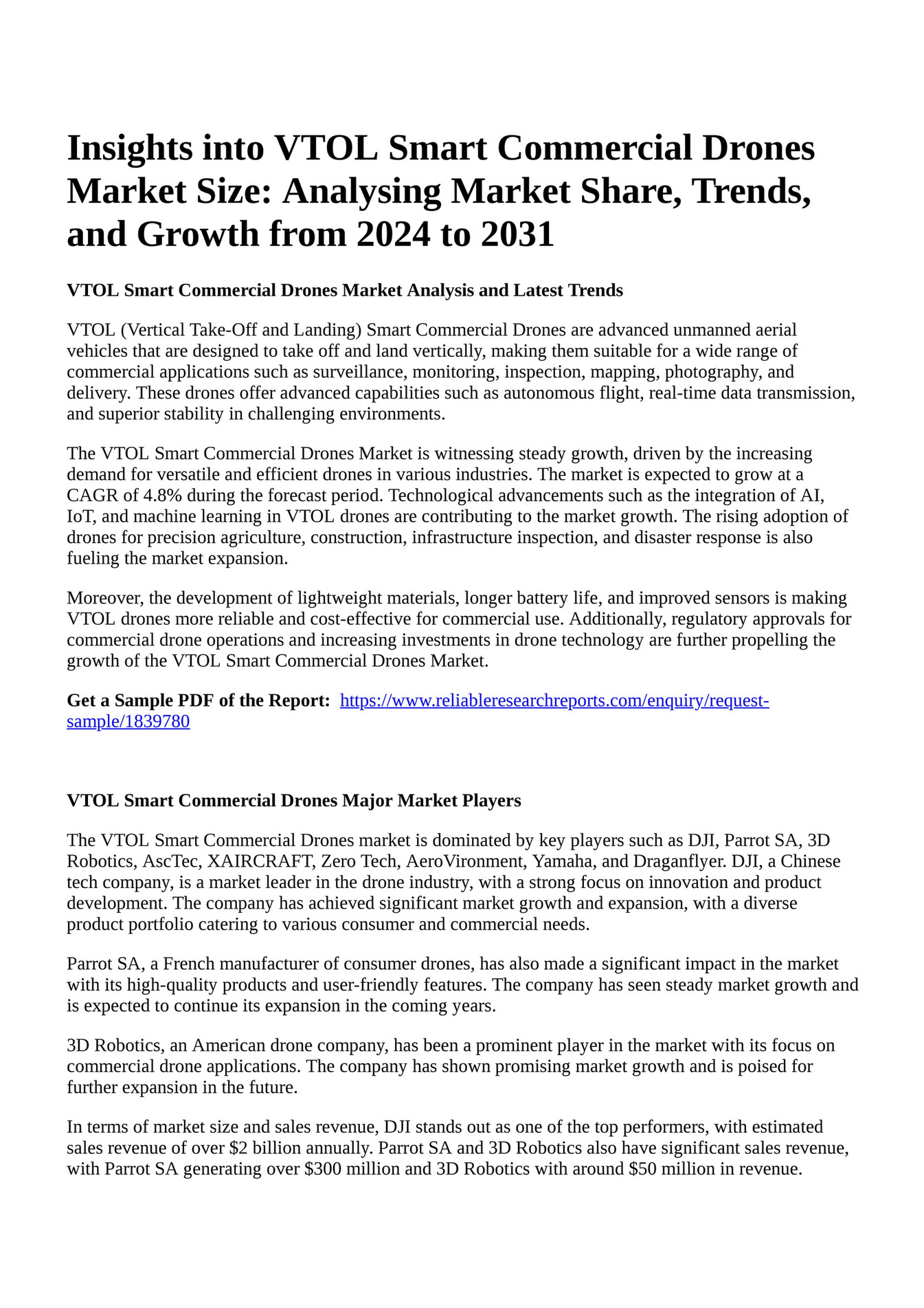 Reportprime Insights Into Vtol Smart Commercial Drones Market Size