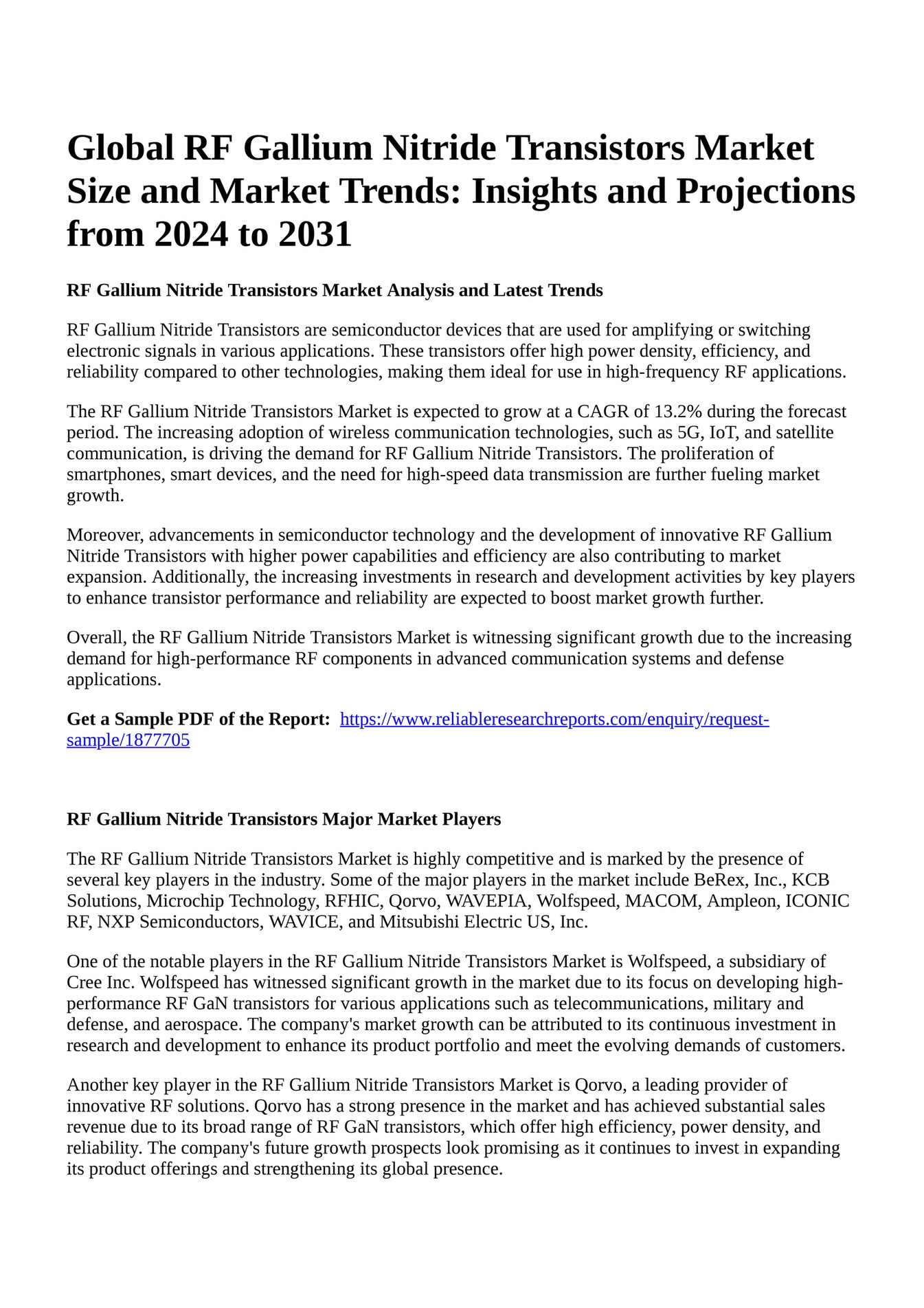 Reportprime - Global RF Gallium Nitride Transistors Market Size and ...