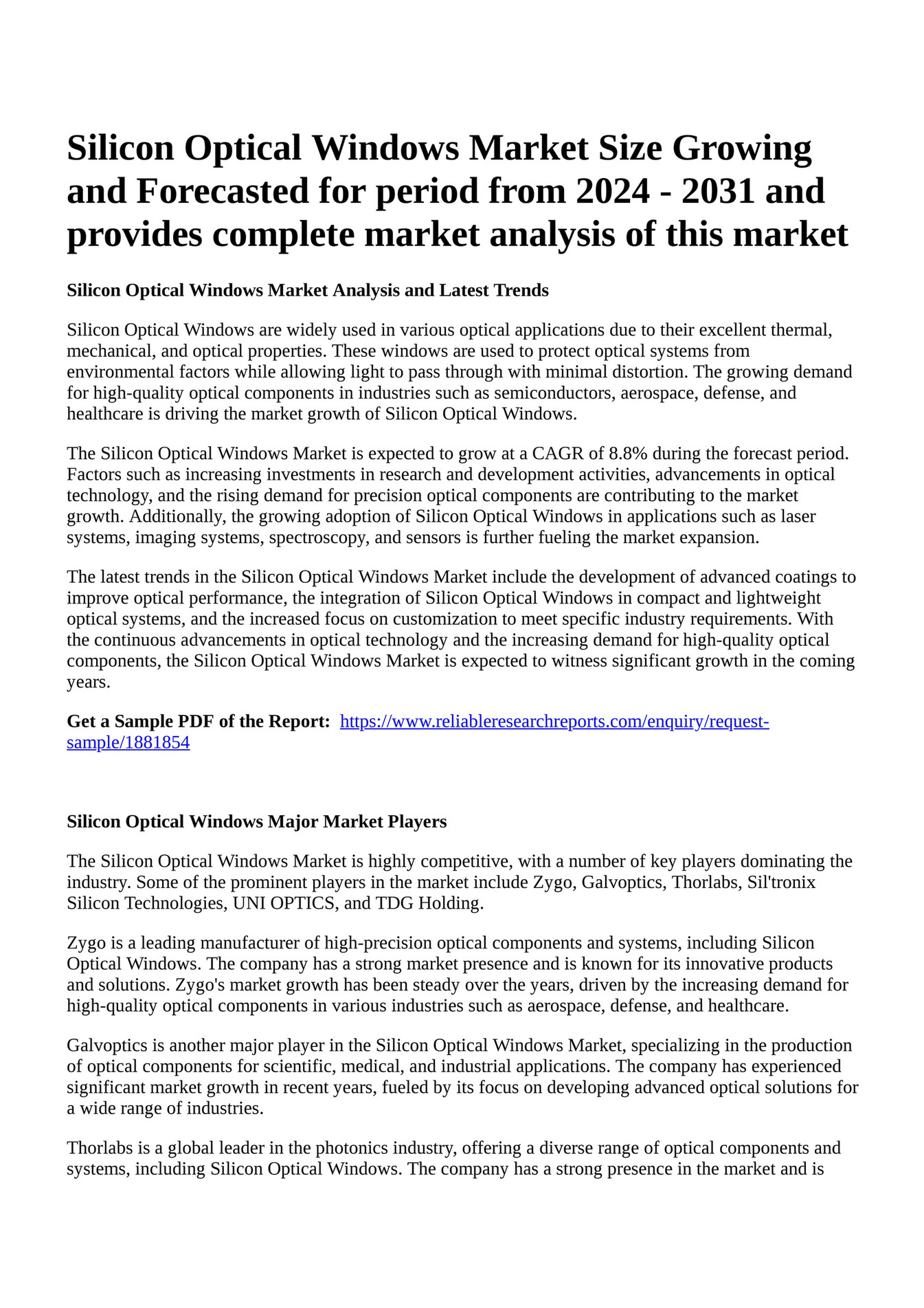 Reportprime - Silicon Optical Windows Market Size Growing and ...