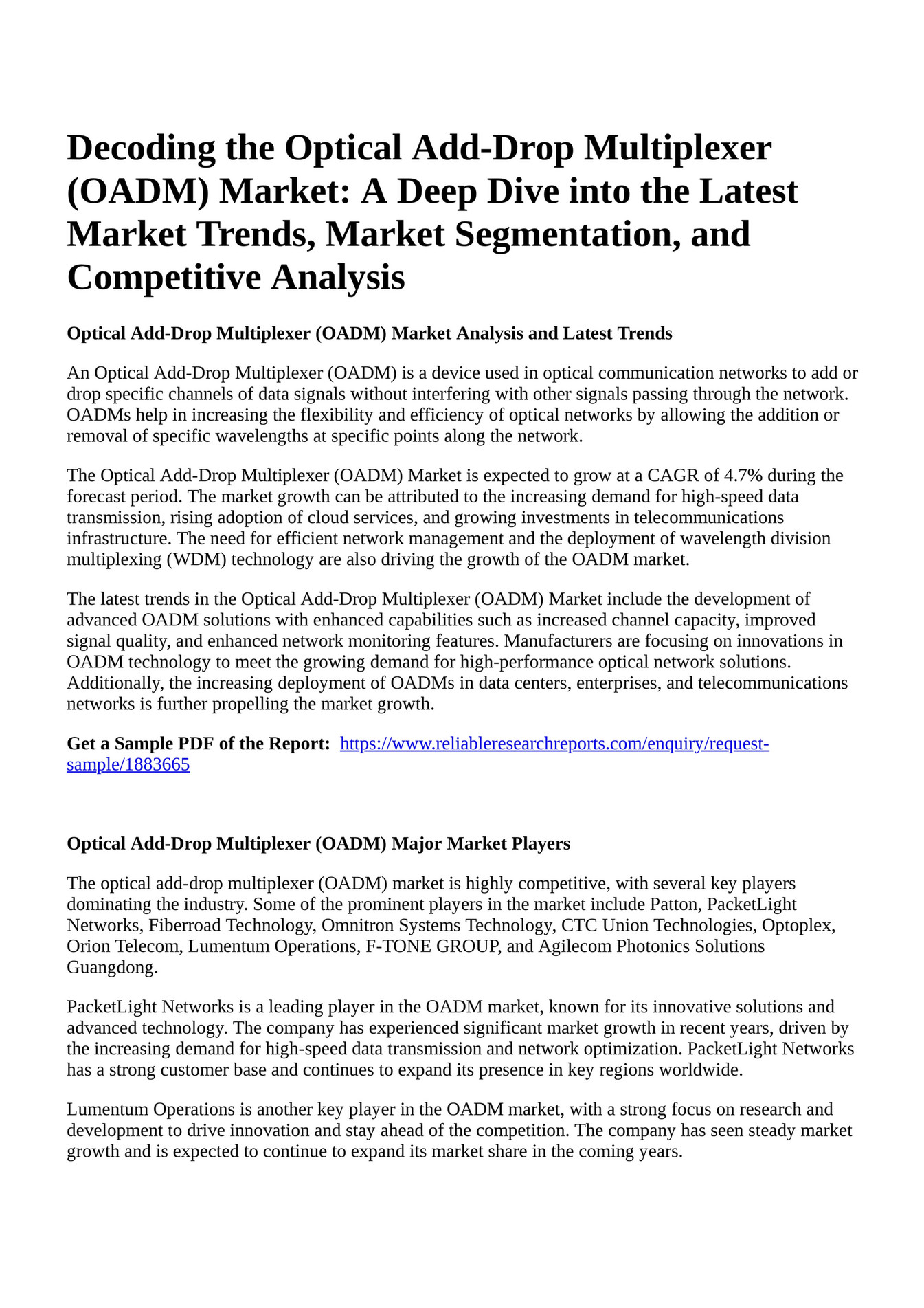 Reportprime - Decoding the Optical Add-Drop Multiplexer (OADM) Market ...