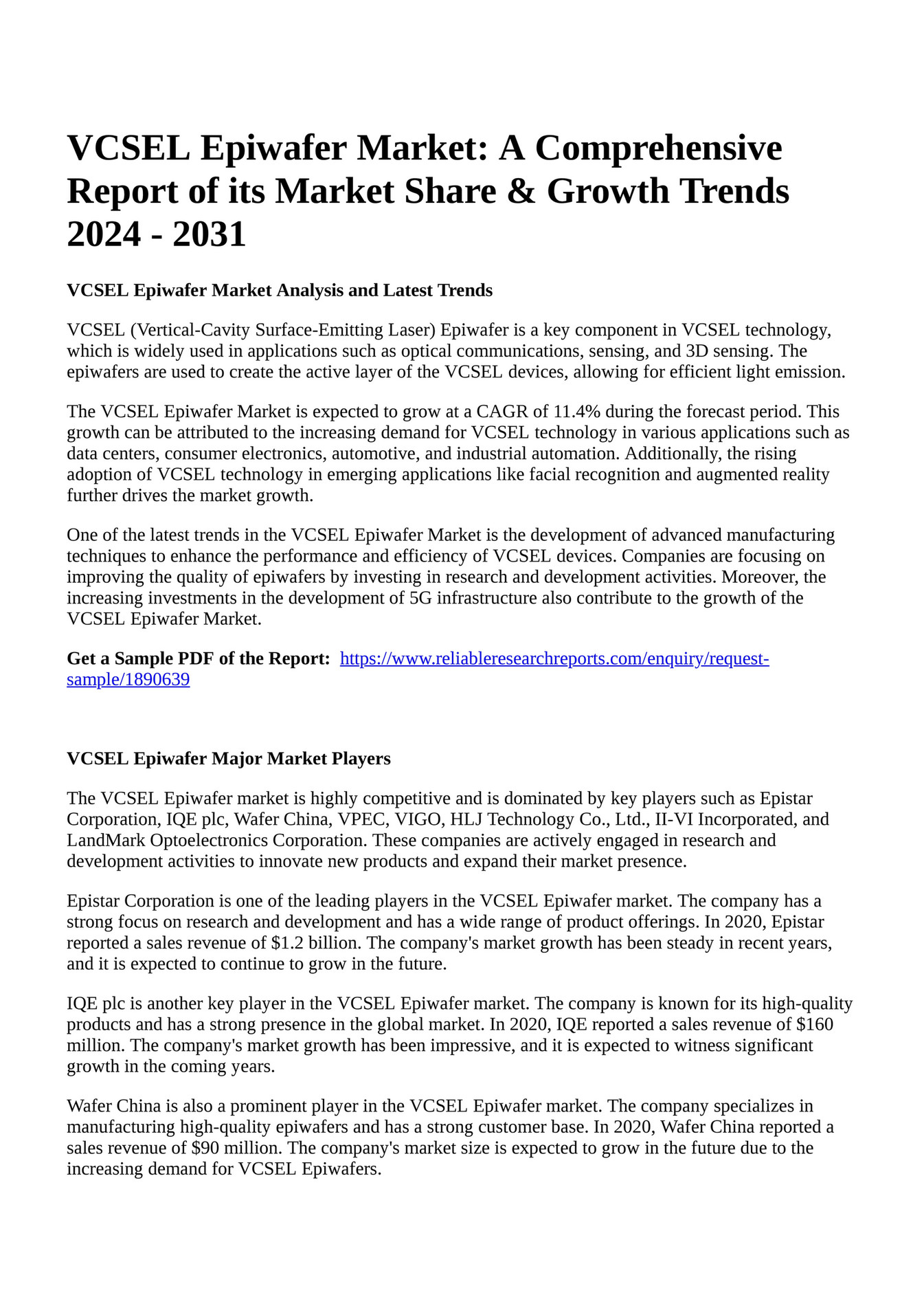 Reportprime - VCSEL Epiwafer Market: A Comprehensive Report of its ... Reportprime - VCSEL Epiwafer Market: A Comprehensive Report of its ...