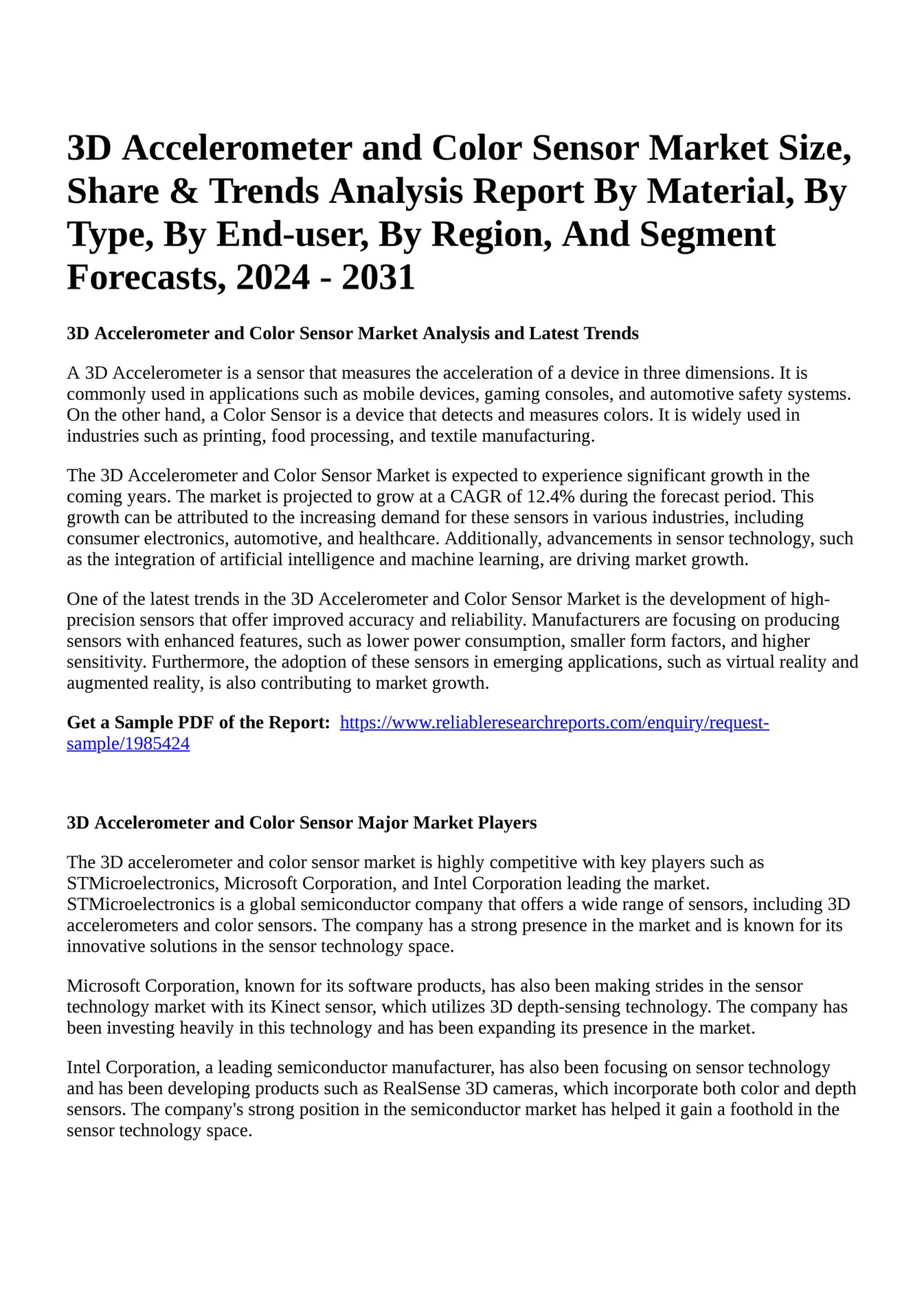 Reportprime - 3D Accelerometer and Color Sensor Market Size, Share ...