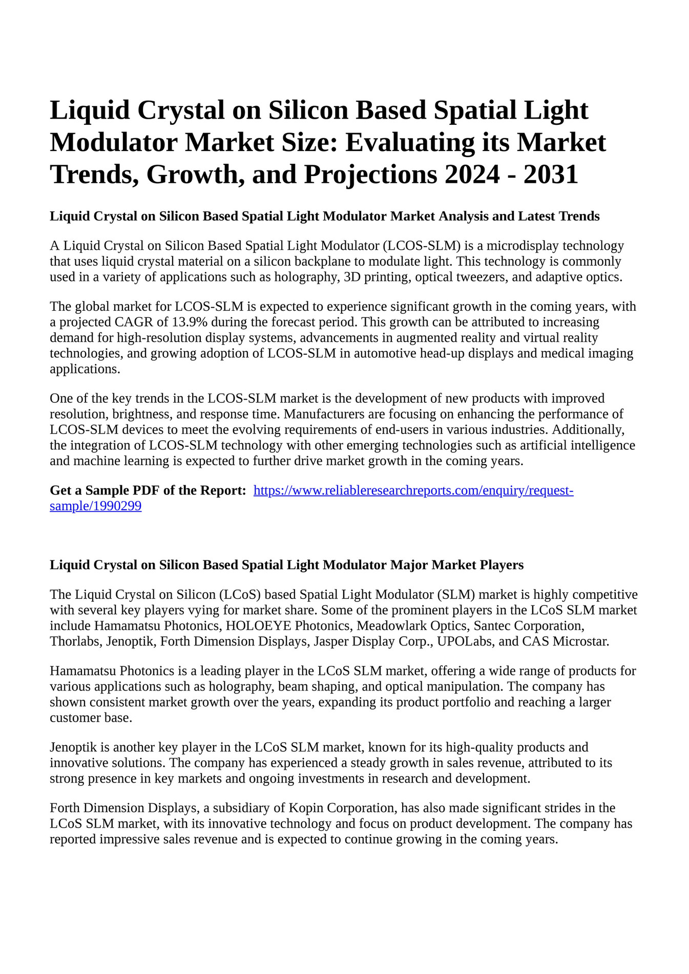 Reportprime Liquid Crystal On Silicon Based Spatial Light Modulator Market Size Evaluating