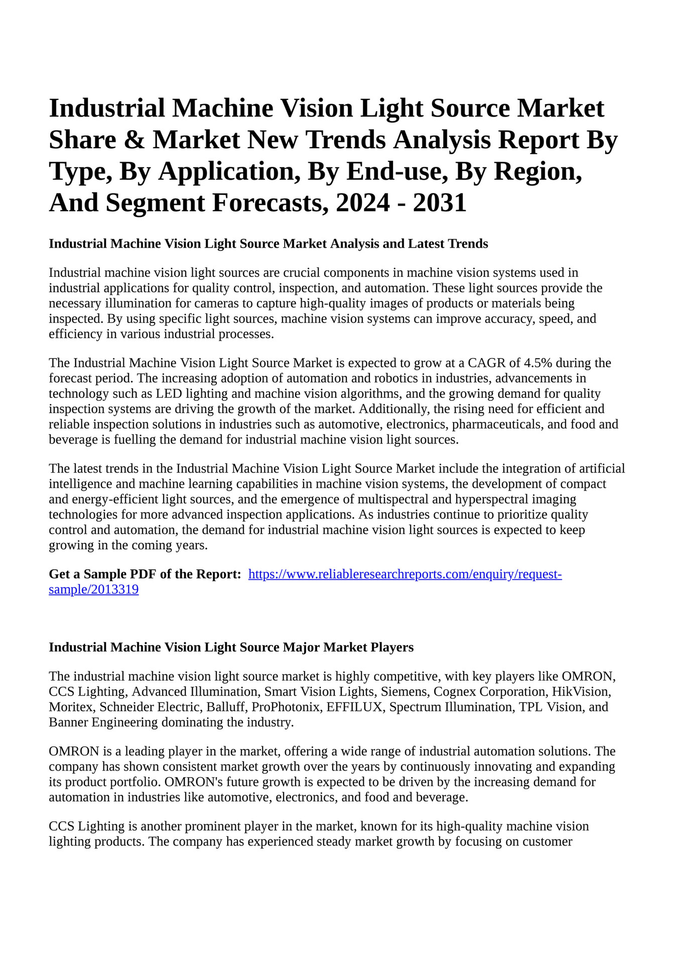 Reportprime - Industrial Machine Vision Light Source Market Share ... Reportprime - Industrial Machine Vision Light Source Market Share ...