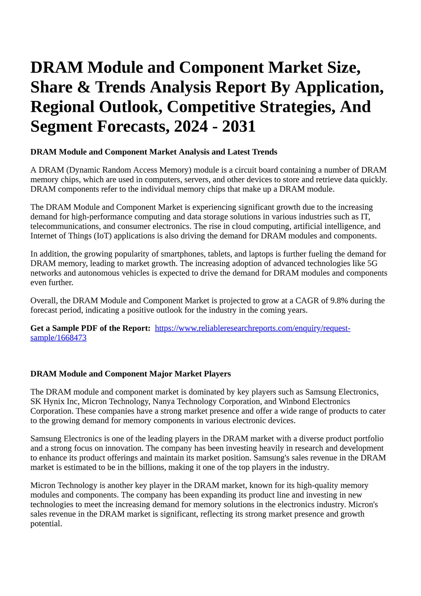 Reportprime Dram Module And Component Market Size Share Trends