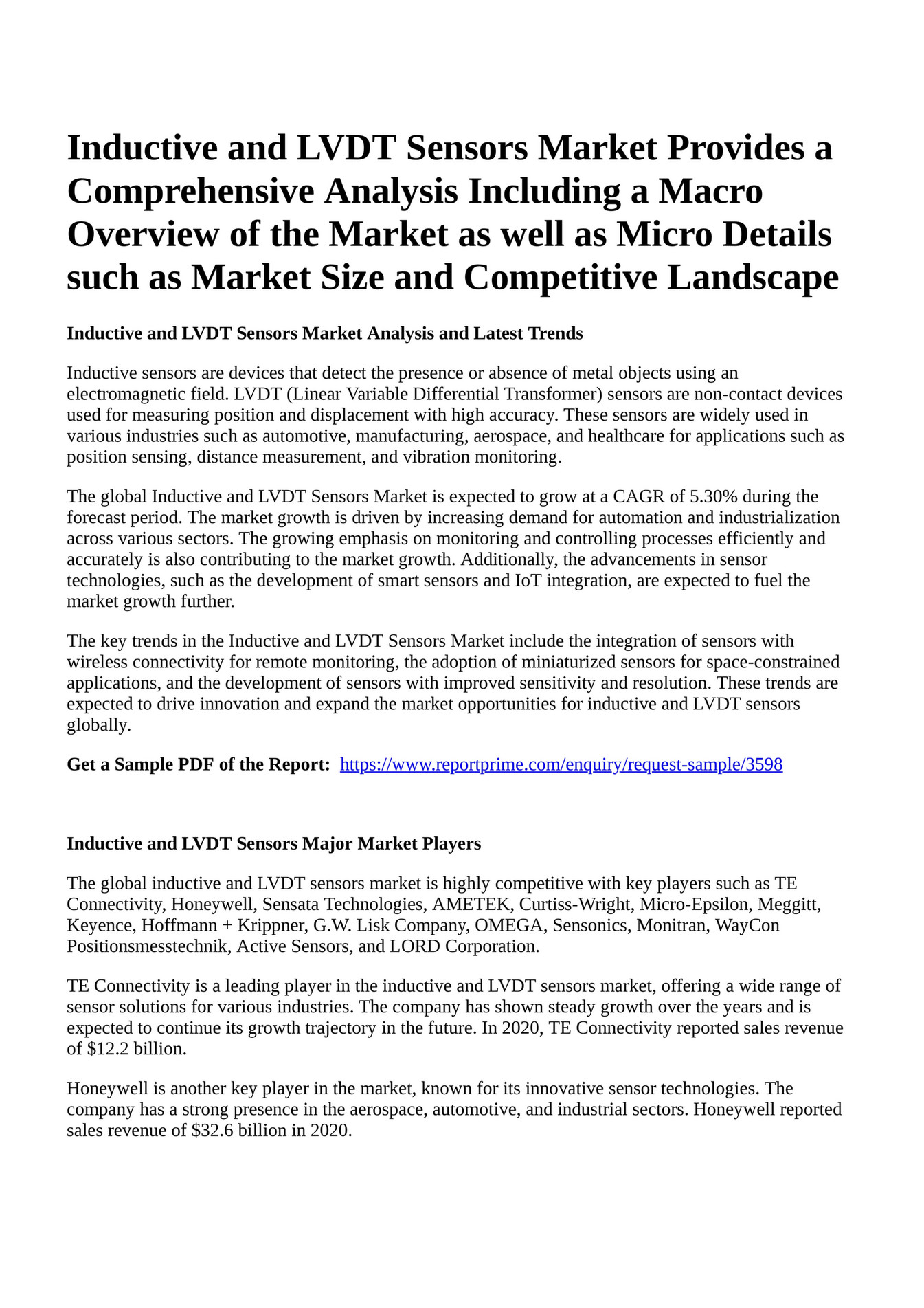 Reportprime Inductive And Lvdt Sensors Market Provides A Comprehensive Analysis Including A