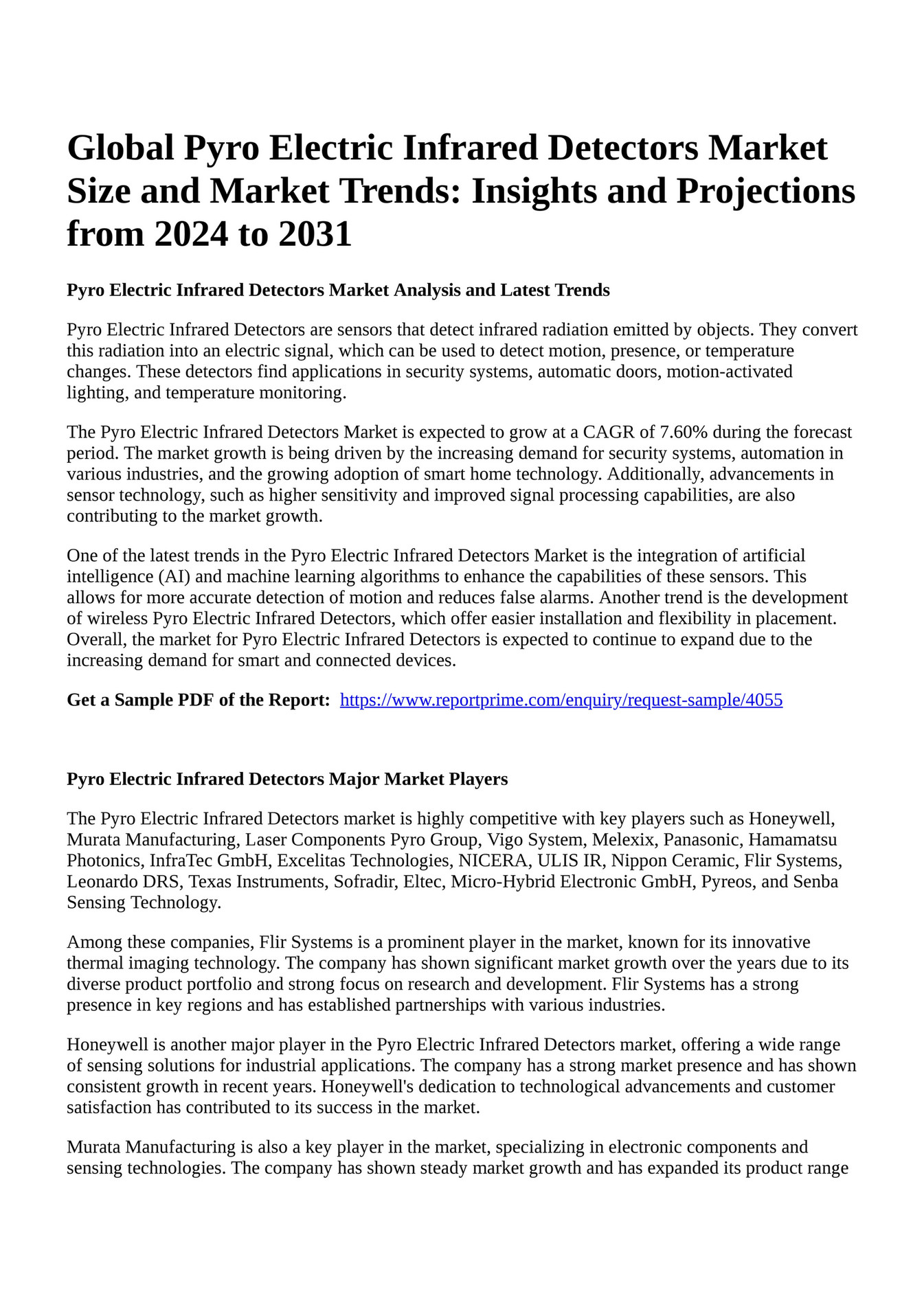 Reportprime - Global Pyro Electric Infrared Detectors Market Size and ...