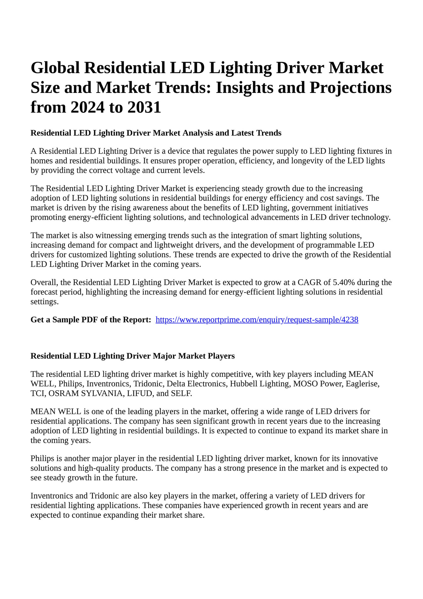 Reportprime - Global Residential LED Lighting Driver Market Size and ...