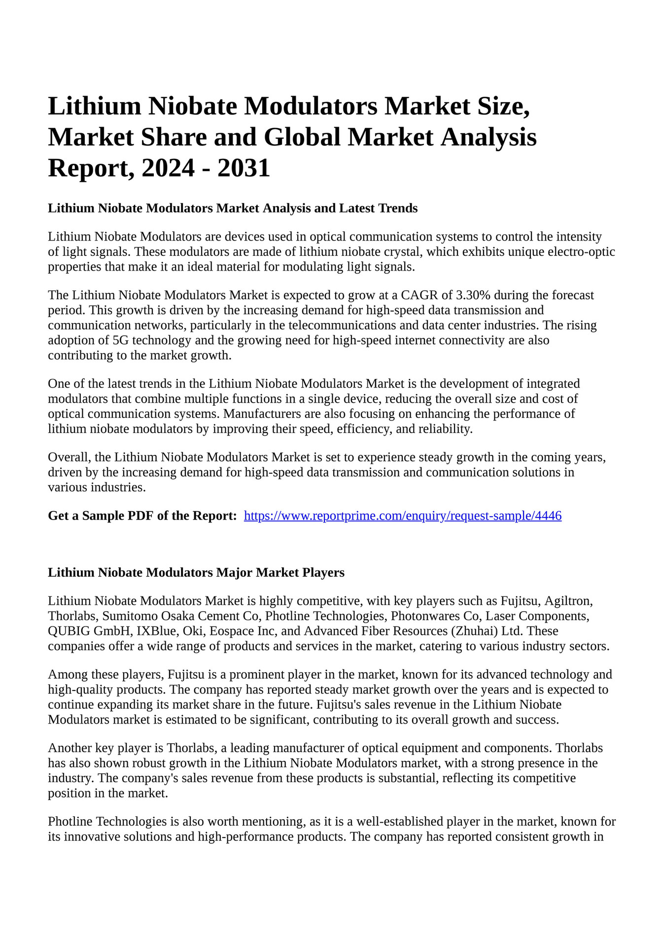 Reportprime - Lithium Niobate Modulators Market Size, Market Share and Global Market Analysis ...