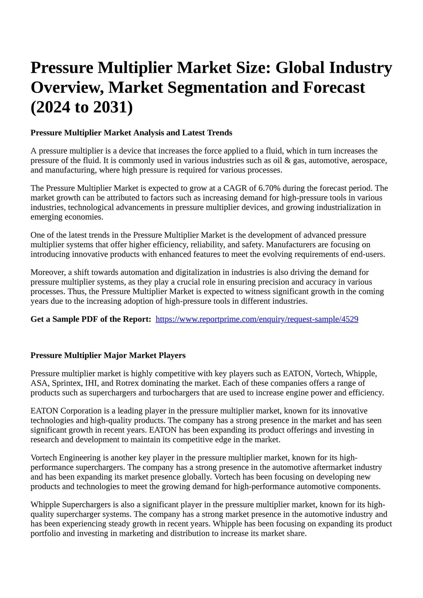 Reportprime - Pressure Multiplier Market Size: Global Industry Overview ...