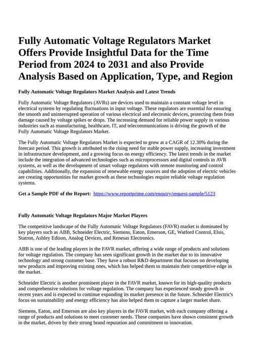 Reportprime - Fully Automatic Voltage Regulators Market Offers Provide ... Reportprime - Fully Automatic Voltage Regulators Market Offers Provide ...