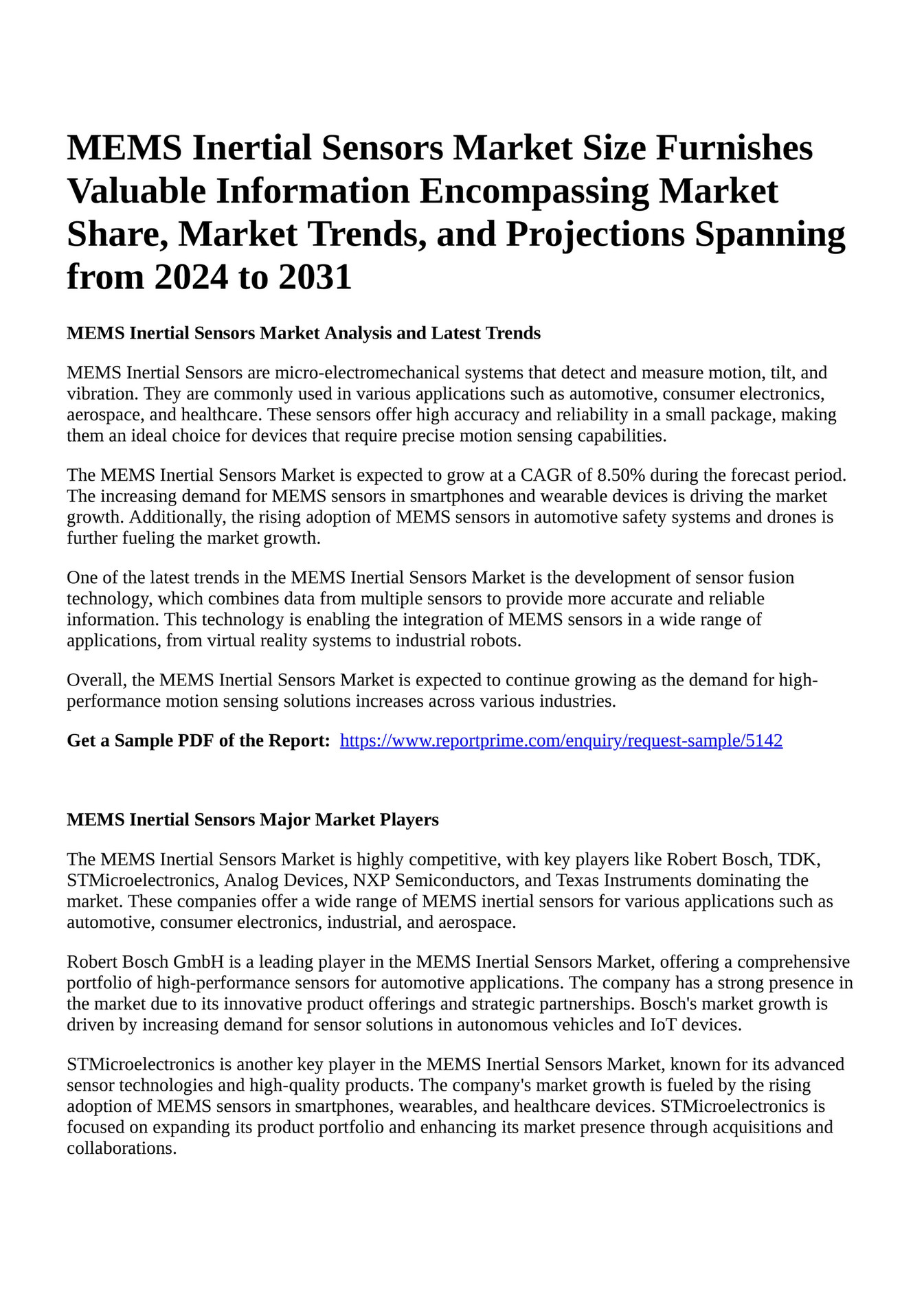 Reportprime Mems Inertial Sensors Market Size Furnishes Valuable