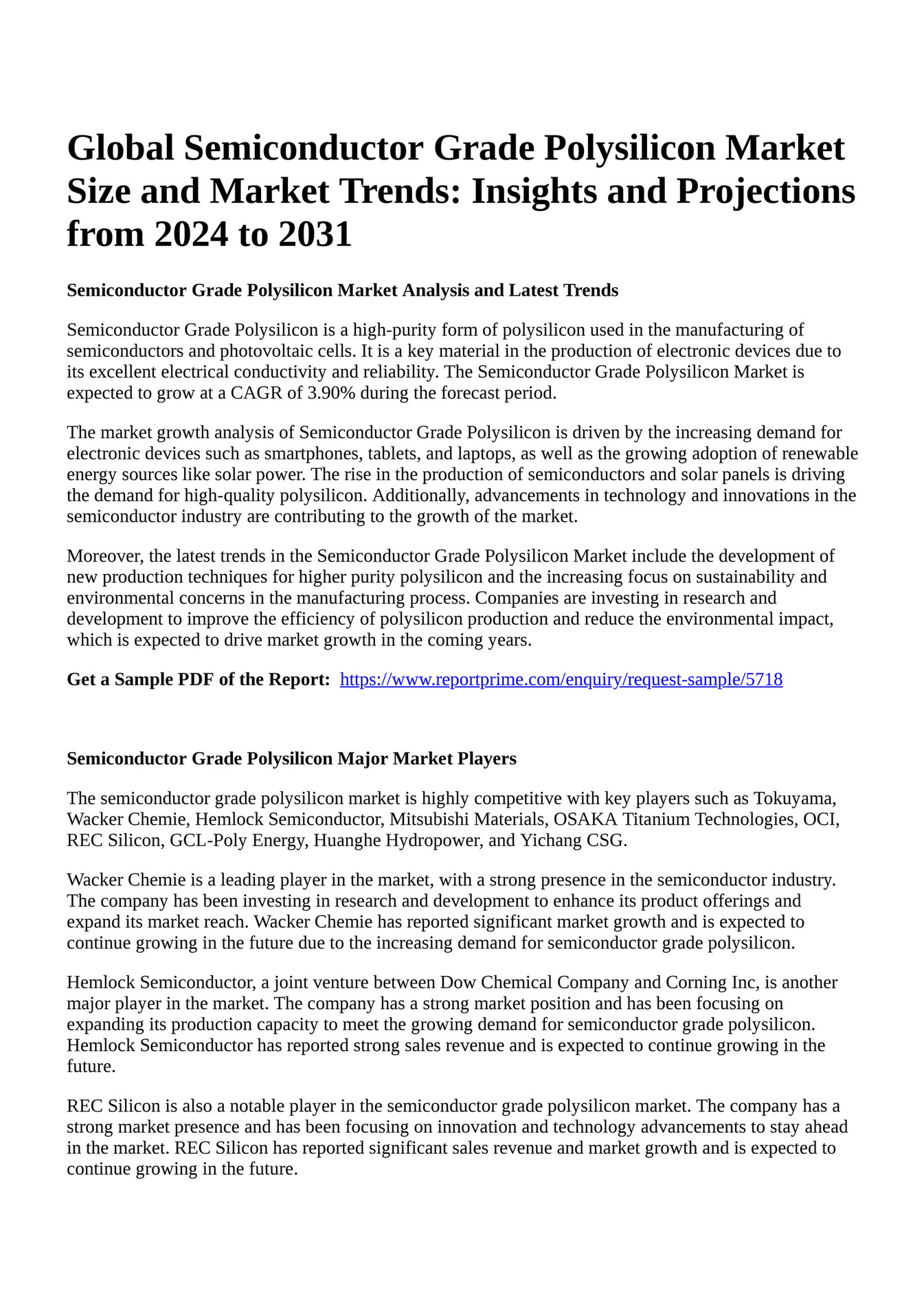 Reportprime - Global Semiconductor Grade Polysilicon Market Size and ...