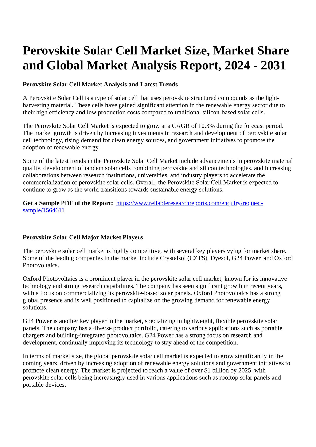 Reportprime - Perovskite Solar Cell Market Size, Market Share and ... Reportprime - Perovskite Solar Cell Market Size, Market Share and ...