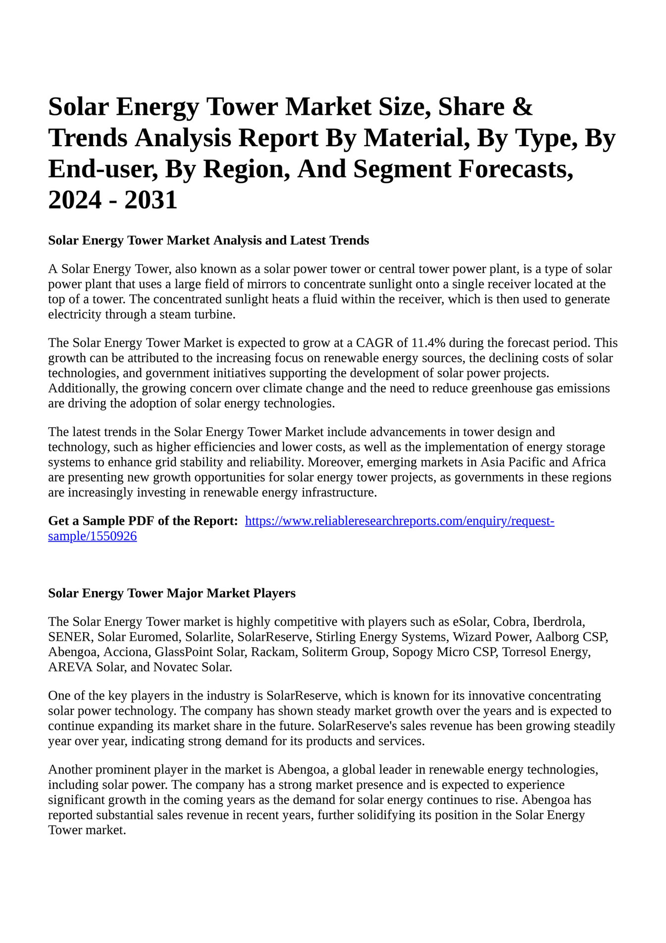 Reportprime - Solar Energy Tower Market Size, Share & Trends Analysis Report By Material, By ...