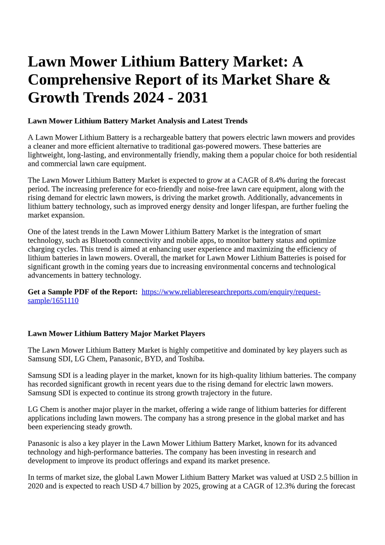 Reportprime - Lawn Mower Lithium Battery Market: A Comprehensive Report ... Reportprime - Lawn Mower Lithium Battery Market: A Comprehensive Report ...