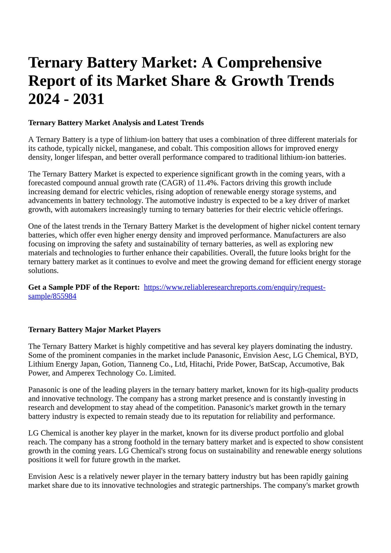 Reportprime - Ternary Battery Market: A Comprehensive Report of its ... Reportprime - Ternary Battery Market: A Comprehensive Report of its ...