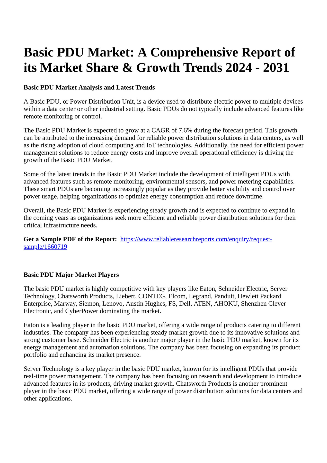 Reportprime - Basic PDU Market: A Comprehensive Report of its Market ...