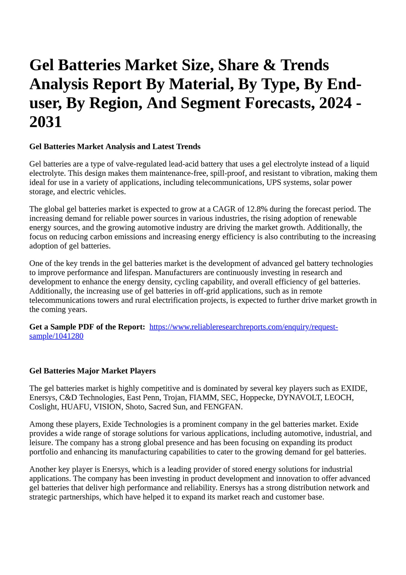 Reportprime - Gel Batteries Market Size, Share & Trends Analysis Report ...