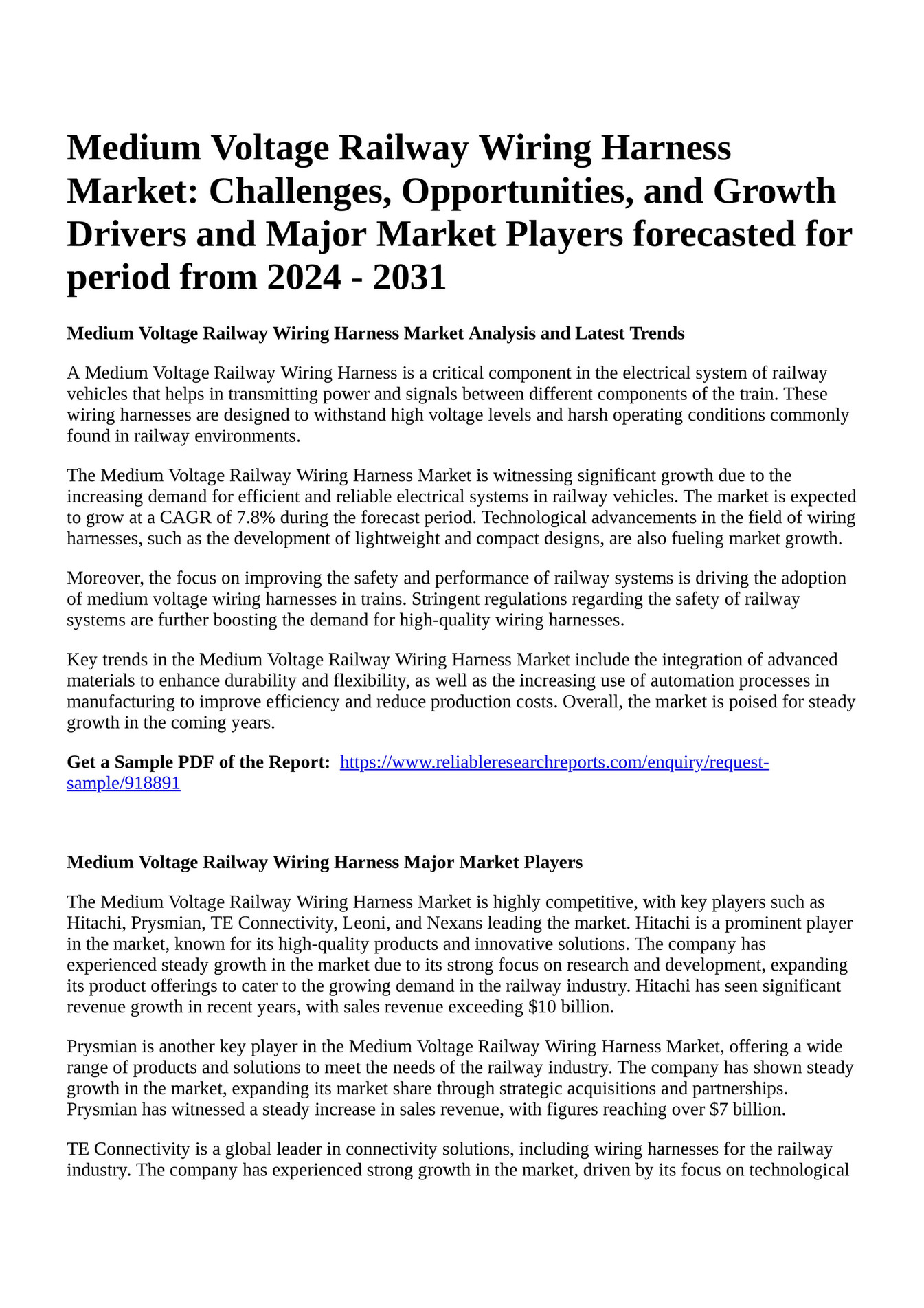 Reportprime - Medium Voltage Railway Wiring Harness Market: Challenges, Opportunities, and ...