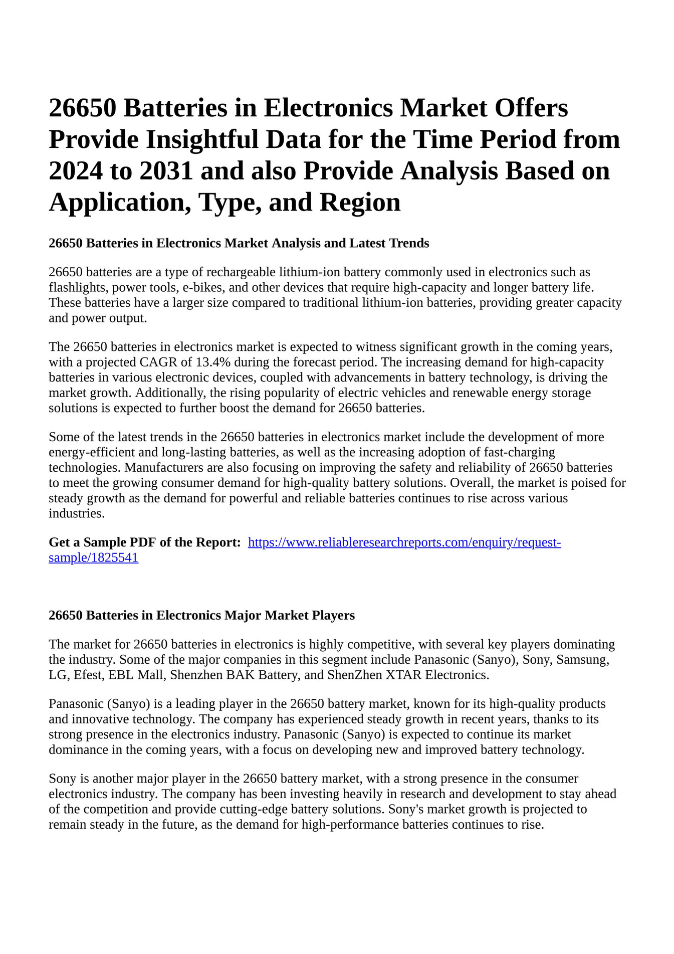 Reportprime - 26650 Batteries in Electronics Market Offers Provide ...